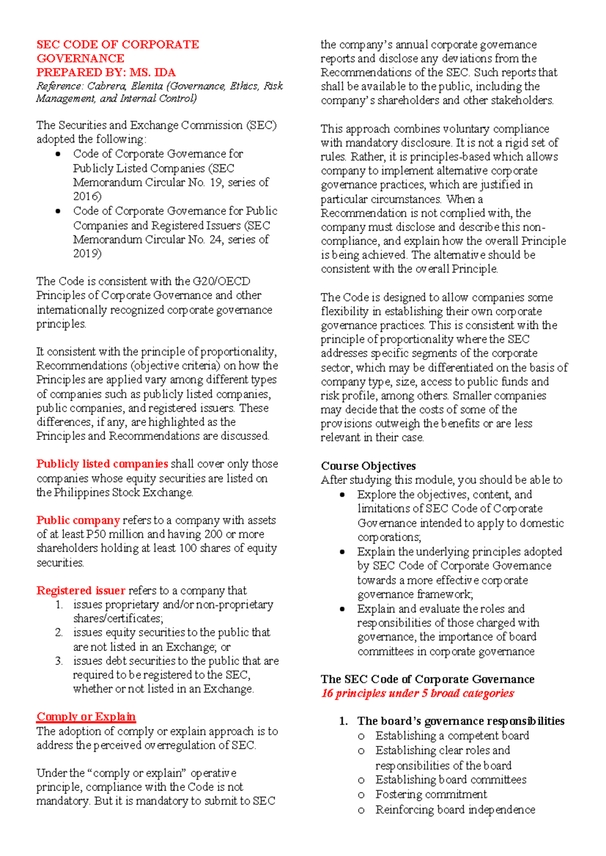 SEC CODE OF CORPORATE GOVERNANCE: Principles and Practices - Studocu