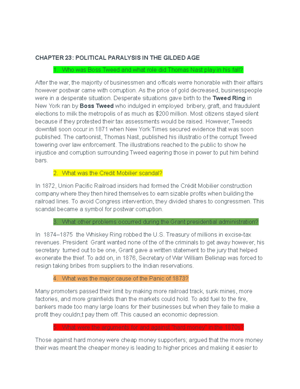 American Pageant CH23: Political Paralysis and Key Events in the Gilded ...