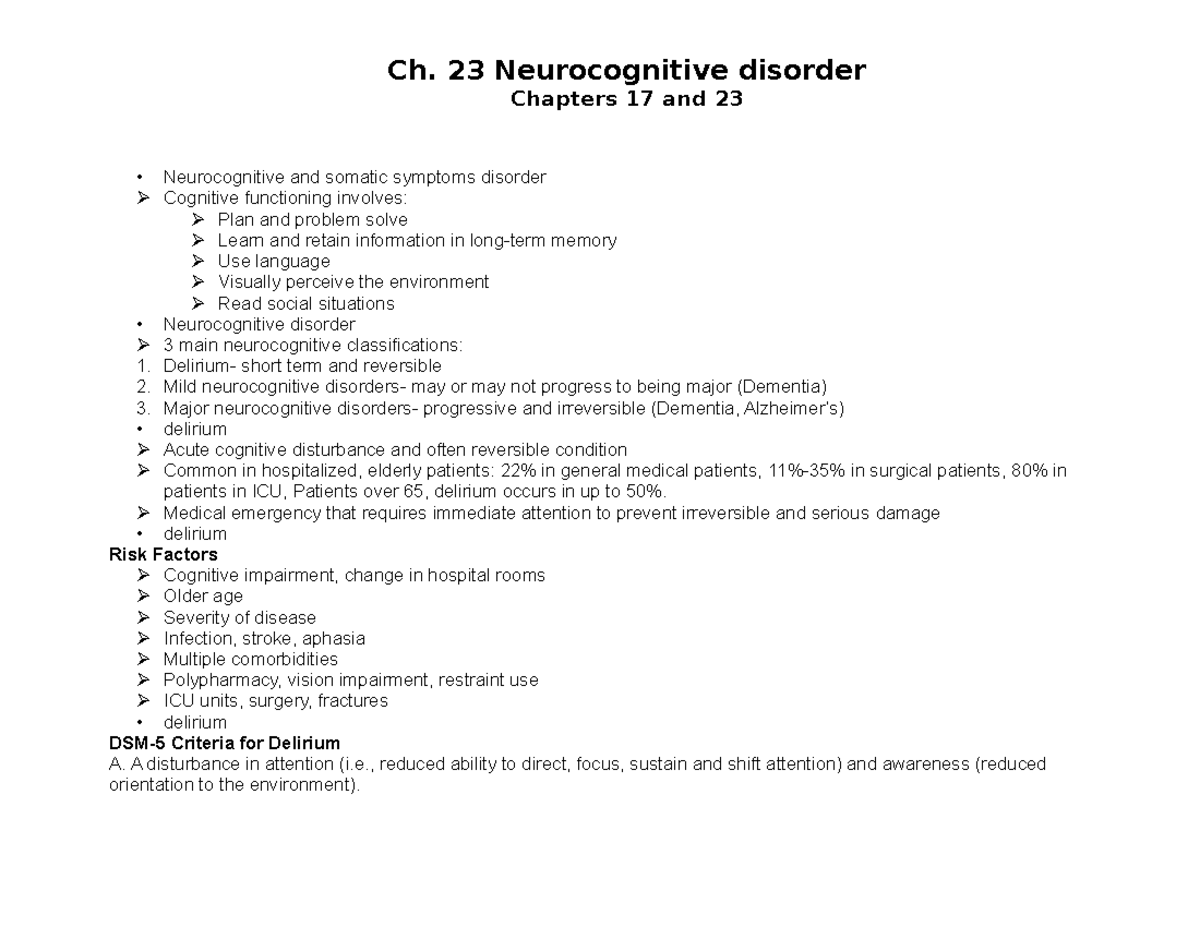 Chapter 23 Neurocognitive Disorders and Delirium Overview - Studocu