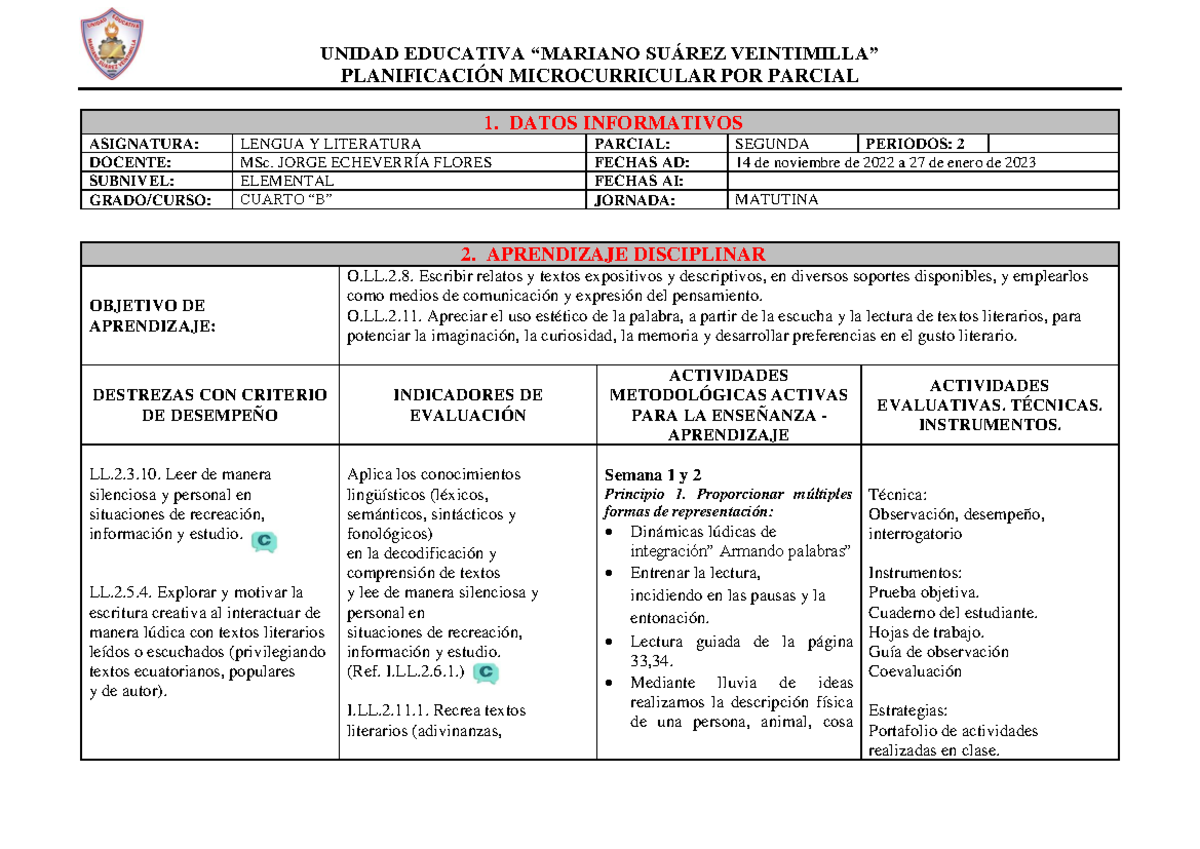 Planificación Microcurricular MATE y Lengua - Parcial II - Studocu