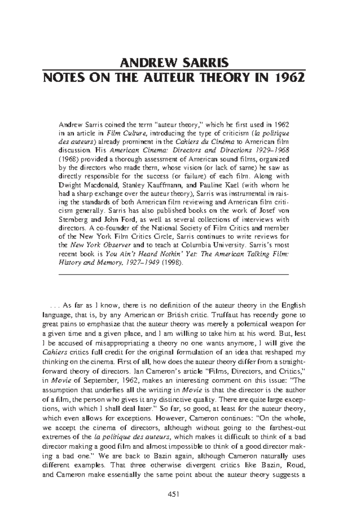 ANDREW SARRIS: NOTES ON AUTEUR THEORY (1962) - Studocu