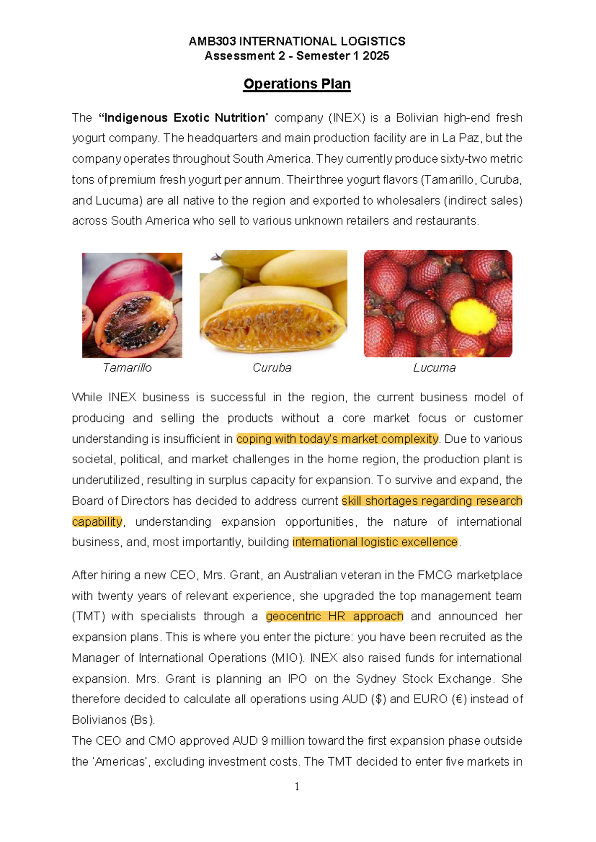 AMB303 INTERNATIONAL LOGISTICS Assessment 2 Case Study: INEX Operations Plan - Studocu