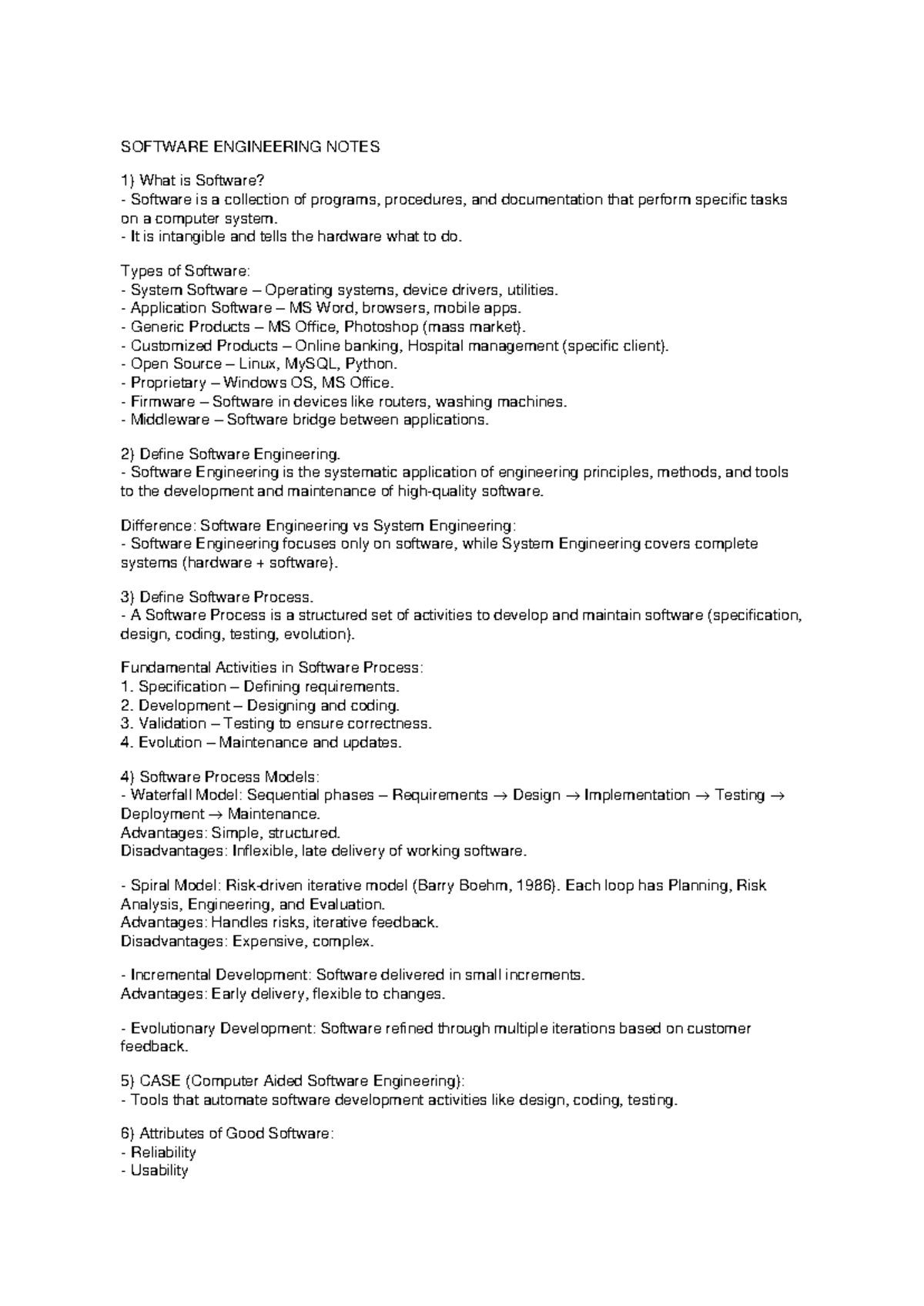 SOFTWARE ENGINEERING NOTES: Key Concepts and Models - Studocu
