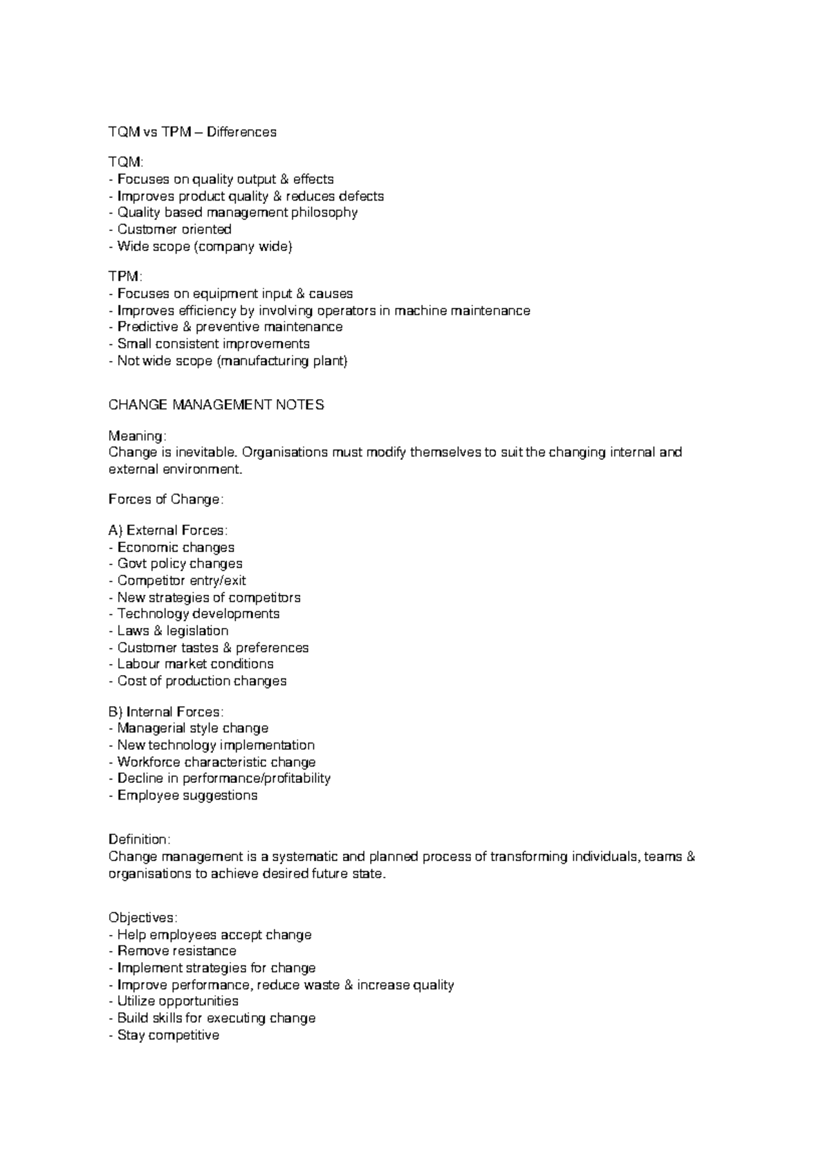 Change Management Notes: TQM vs TPM Differences and Forces of Change ...