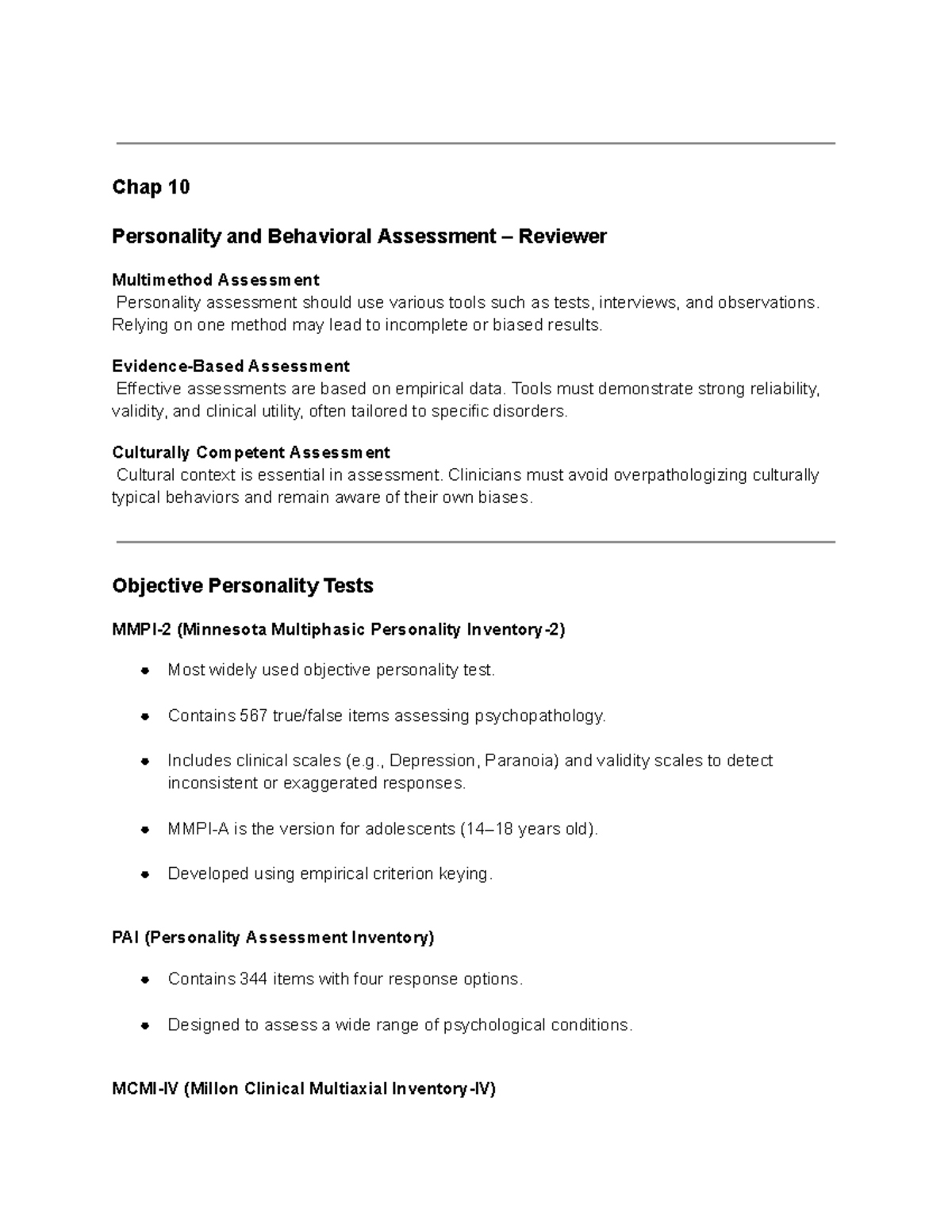 Chap 10-15 Personality & Psychotherapy Assessment Review for AbPsy ...