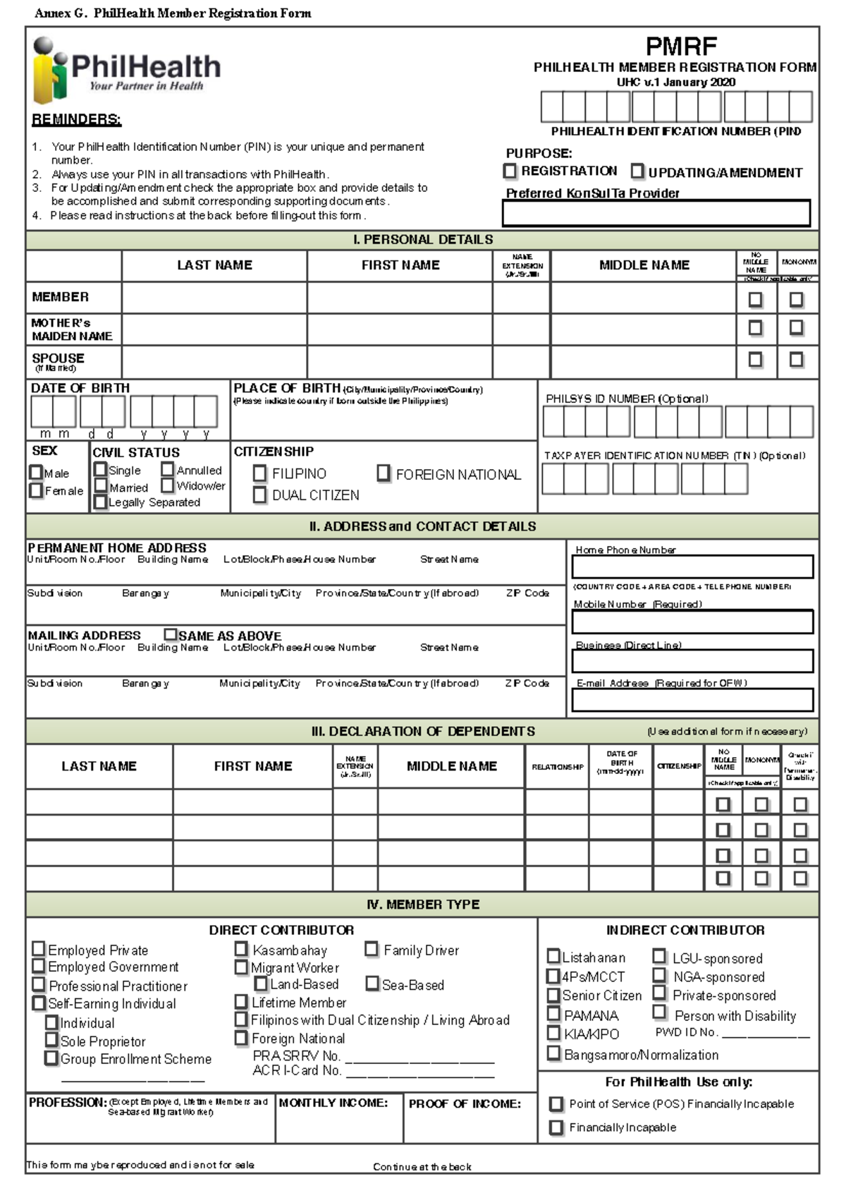 Annex G: PhilHealth Member Registration Form (PMRF) UHC v.1 - Studocu