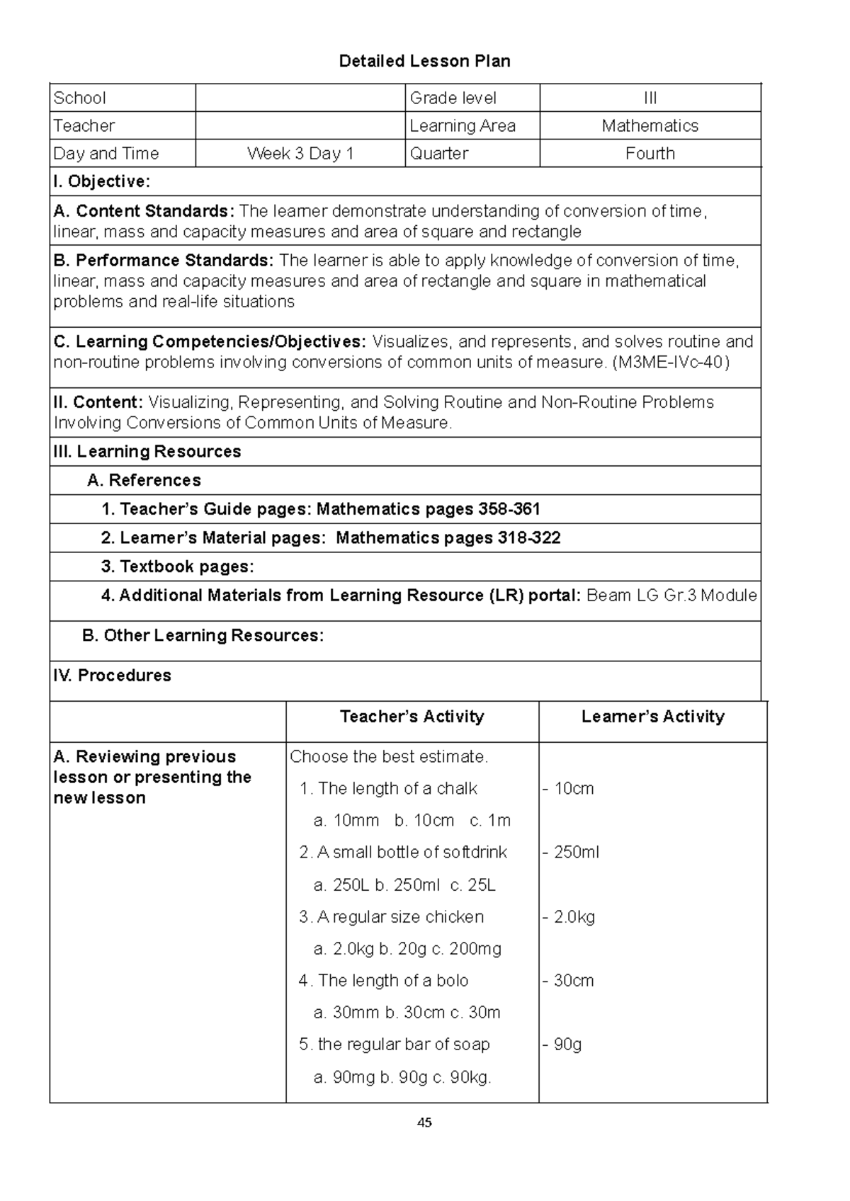Week 3 Detailed Lesson Plan for Math 4: Conversions of Measures - Studocu