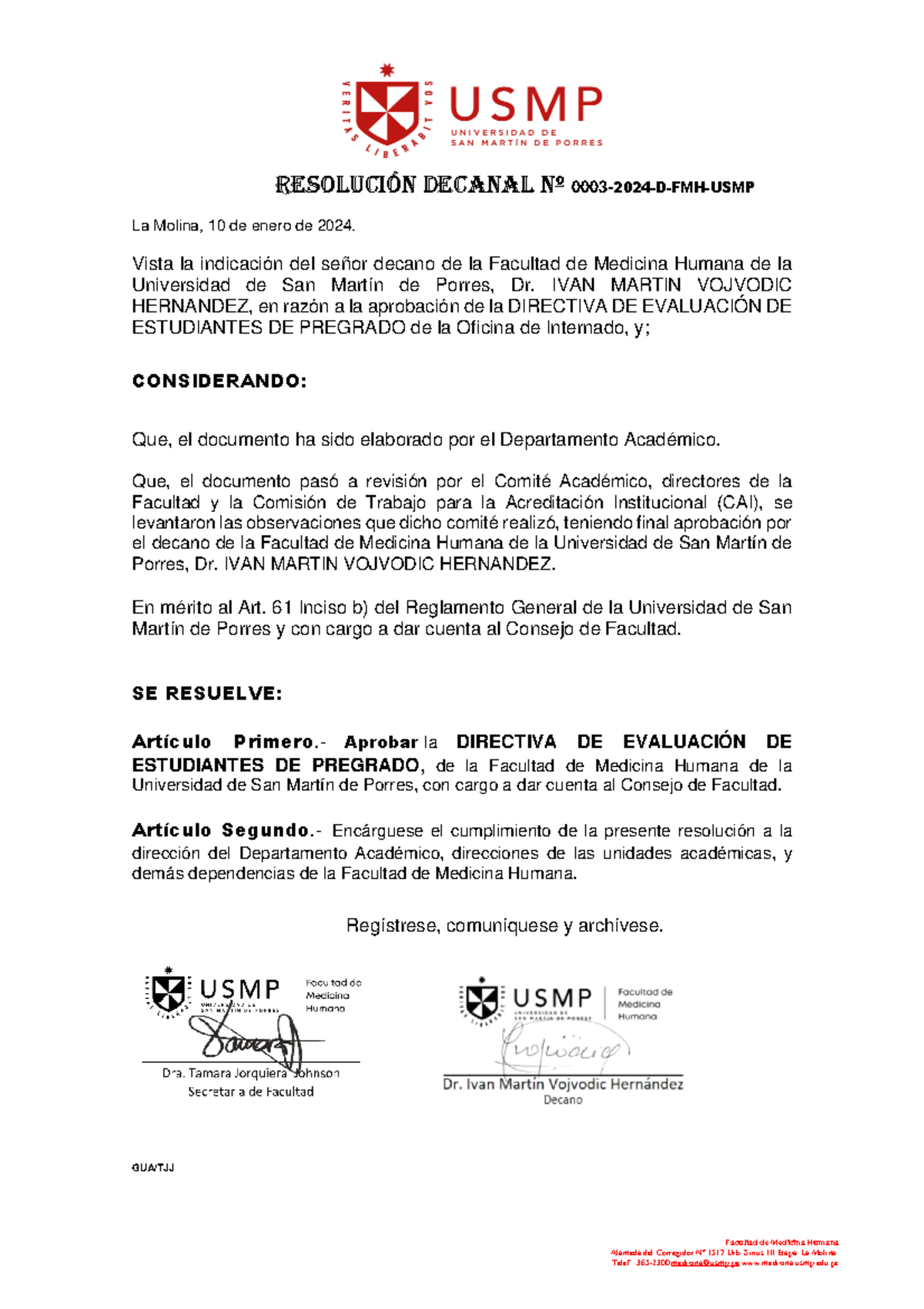 Directiva de Evaluación Estudiantes Pregrado FMH-USMP 2024 - Studocu