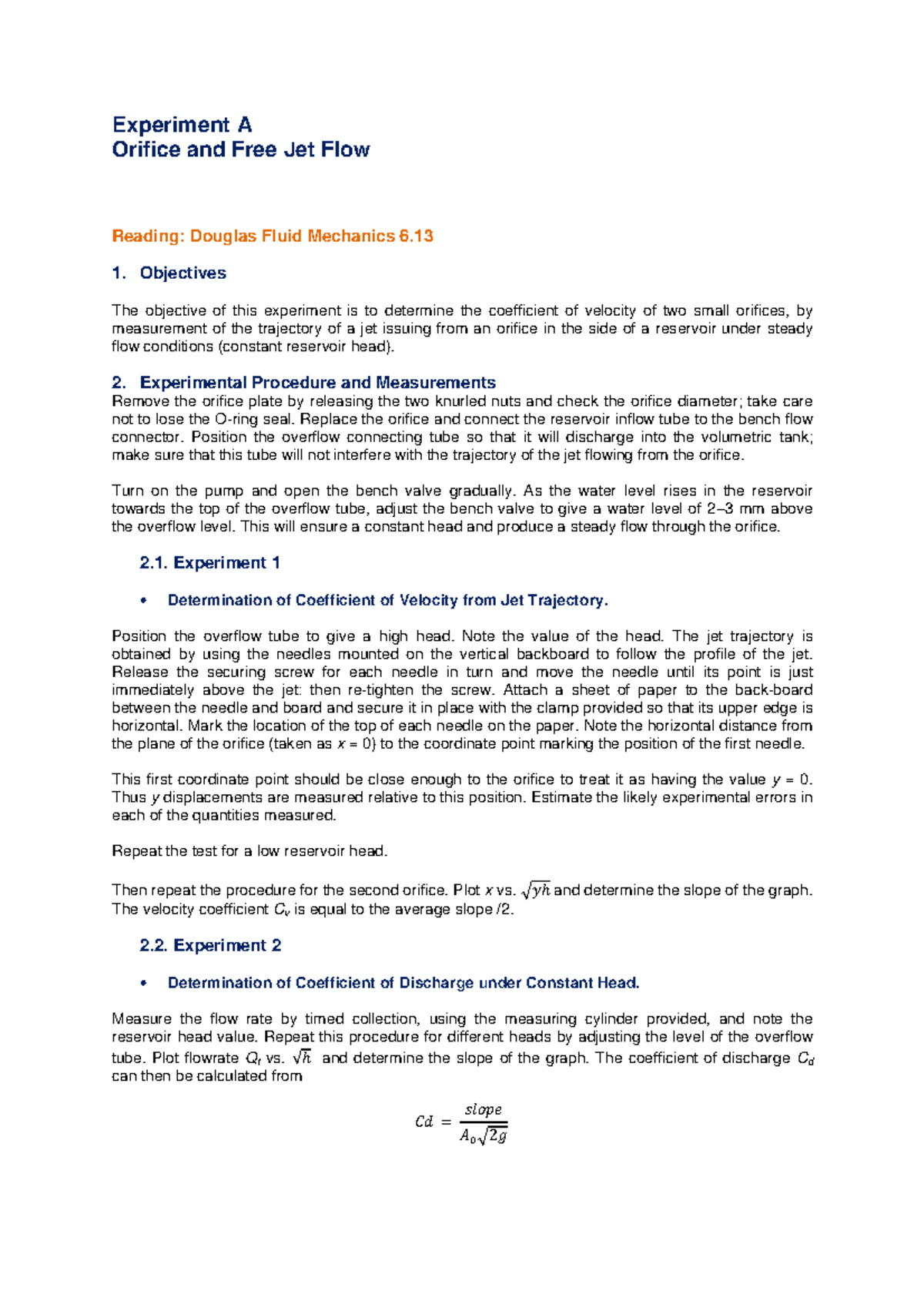 ENG2007 - Practical A: Thermofluid Dynamics Orifice & Jet Flow ...