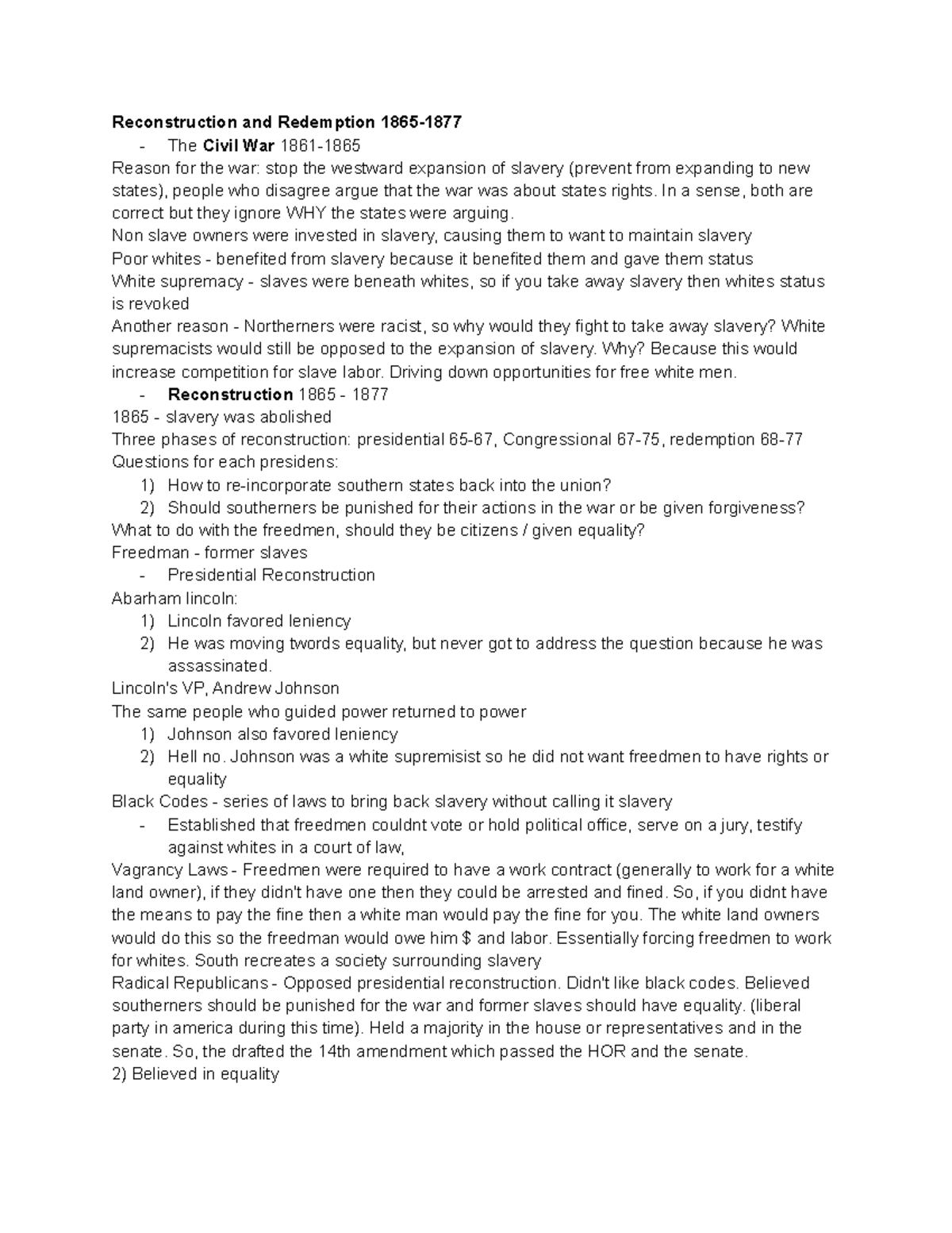 US History Study: Reconstruction, Gilded Age, & Key Events (HIST 101 ...