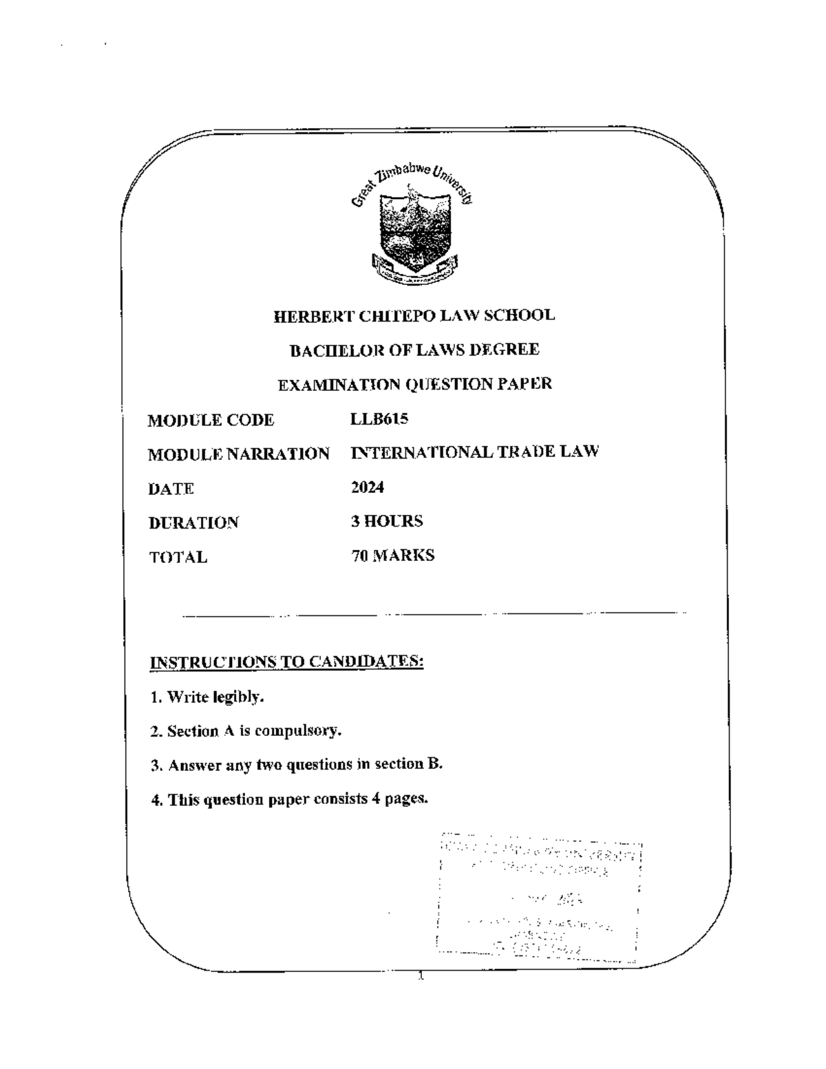 International Trade Law Exam Paper LLB615 - 2024 - Studocu