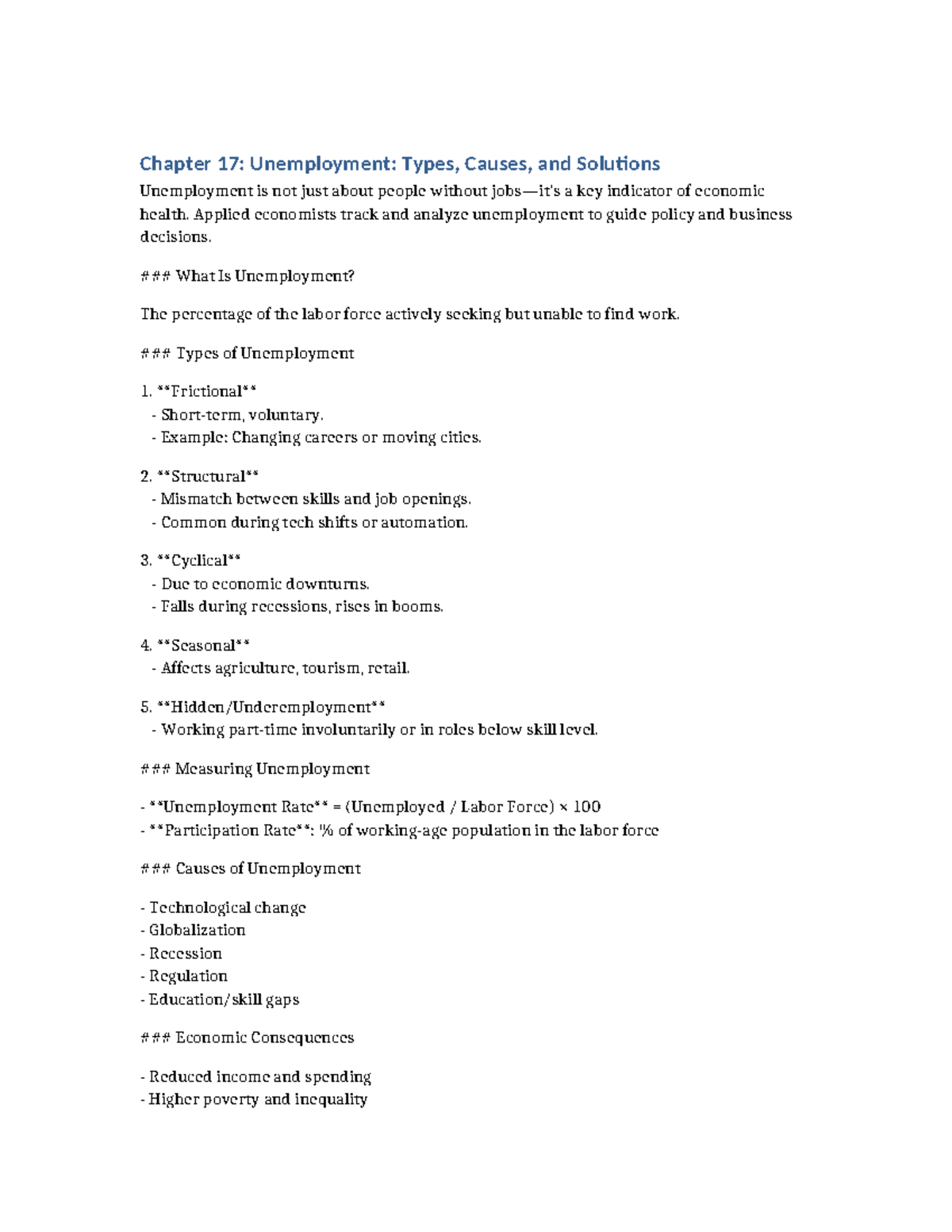 Chapter 17: Unemployment - Types, Causes & Economic Solutions - Studocu