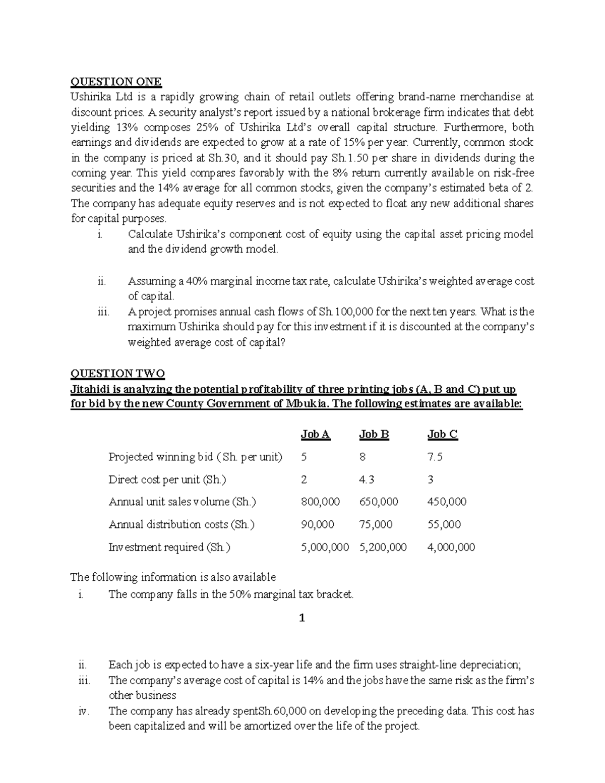Project Appraisal Questions for Course Code: FIN 301 - Studocu