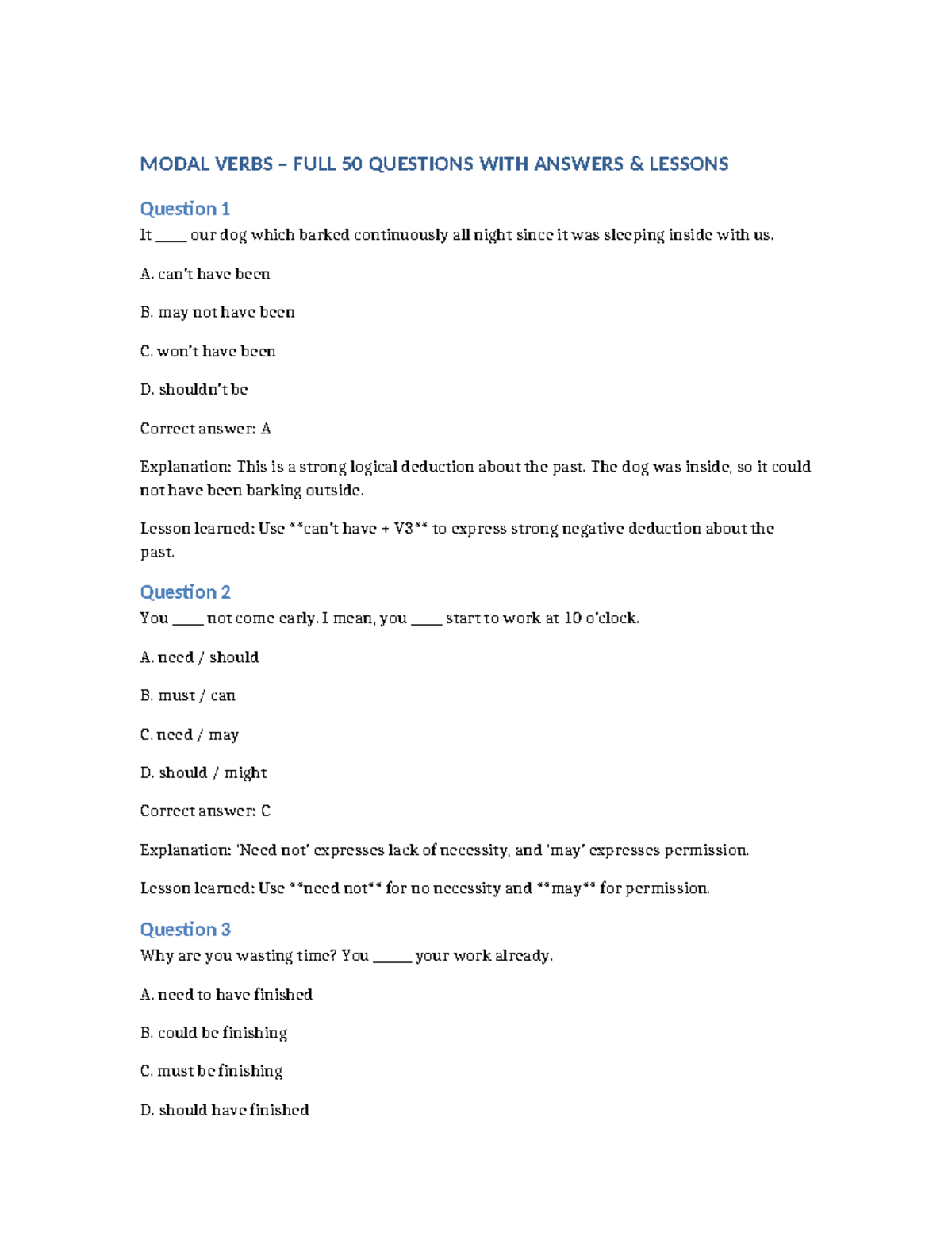 MODAL VERBS 50 QUESTIONS & ANSWERS LESSONS - Studocu
