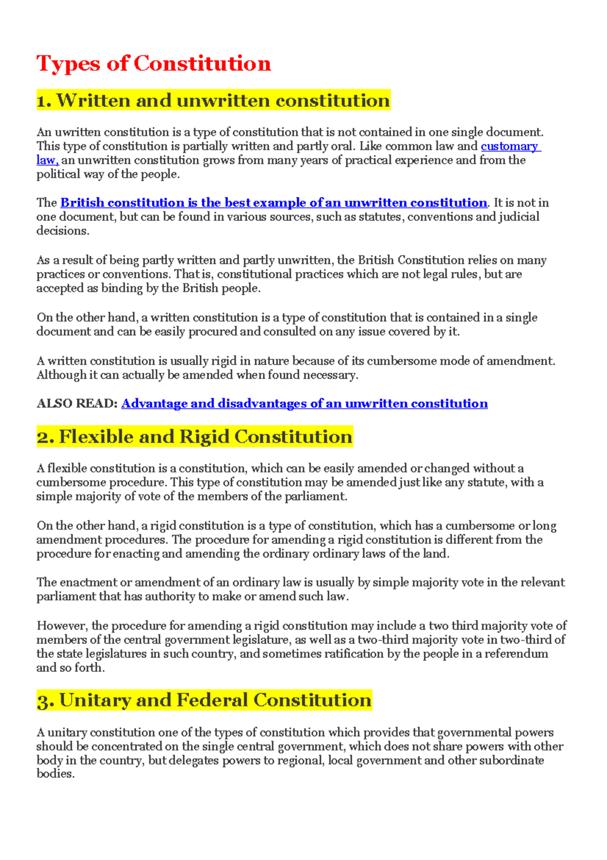 Types of Constitutions: Key Notes on Written, Federal, and Unitary ...