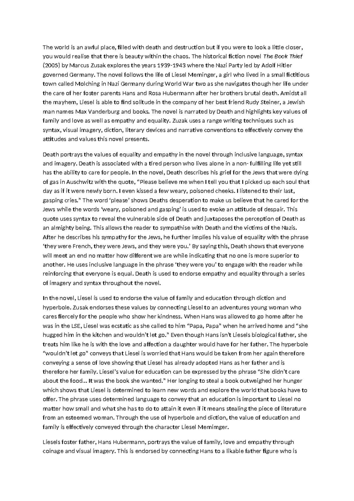 The Book Thief Essay: Exploring Attitudes & Values (ENG101) - Studocu