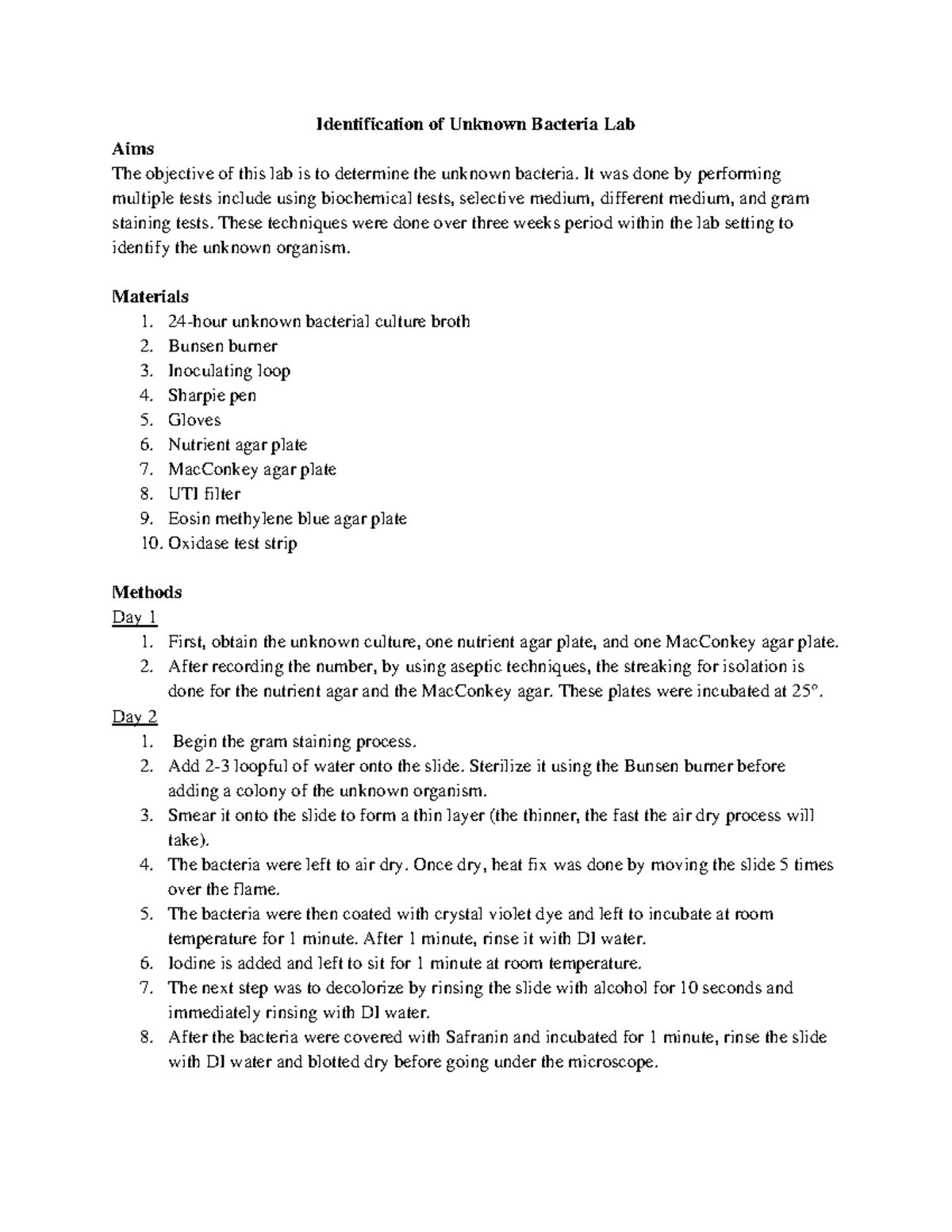 Unknown Bacteria Lab Report - W BIO-215L Identification of Unknown ...