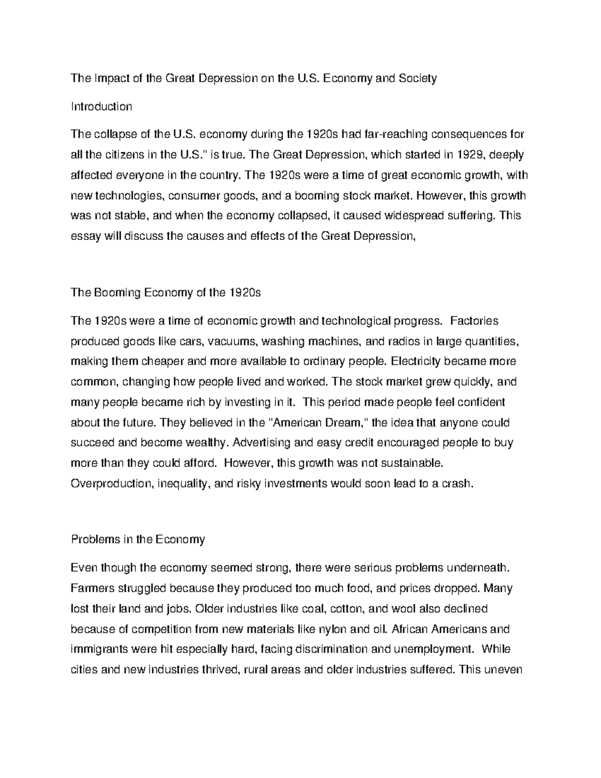 The Impact of the Great Depression on U.S. Economy and Society Essay ...