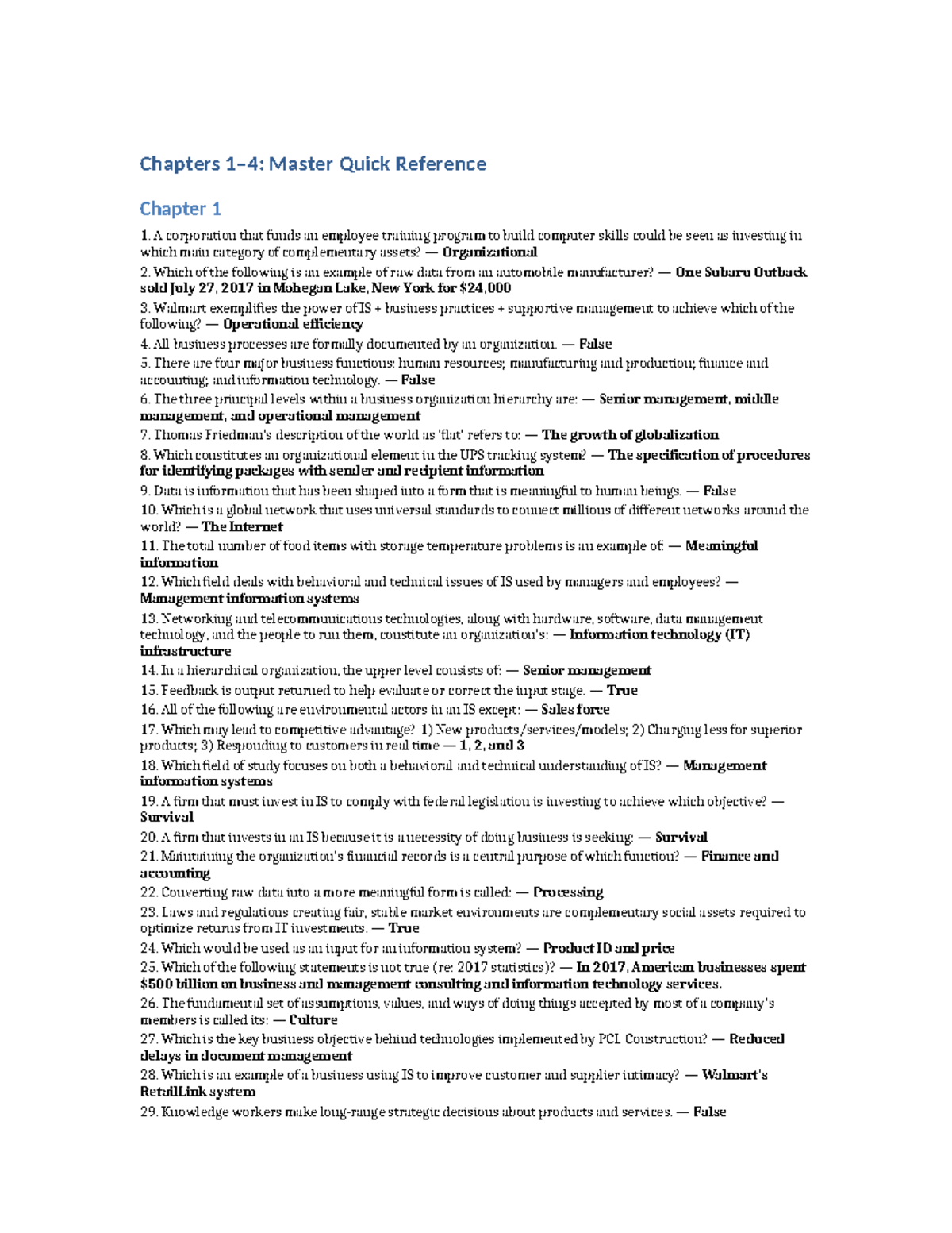 Chapters 1-4 Master Quick Reference for IS Concepts and Practices - Studocu