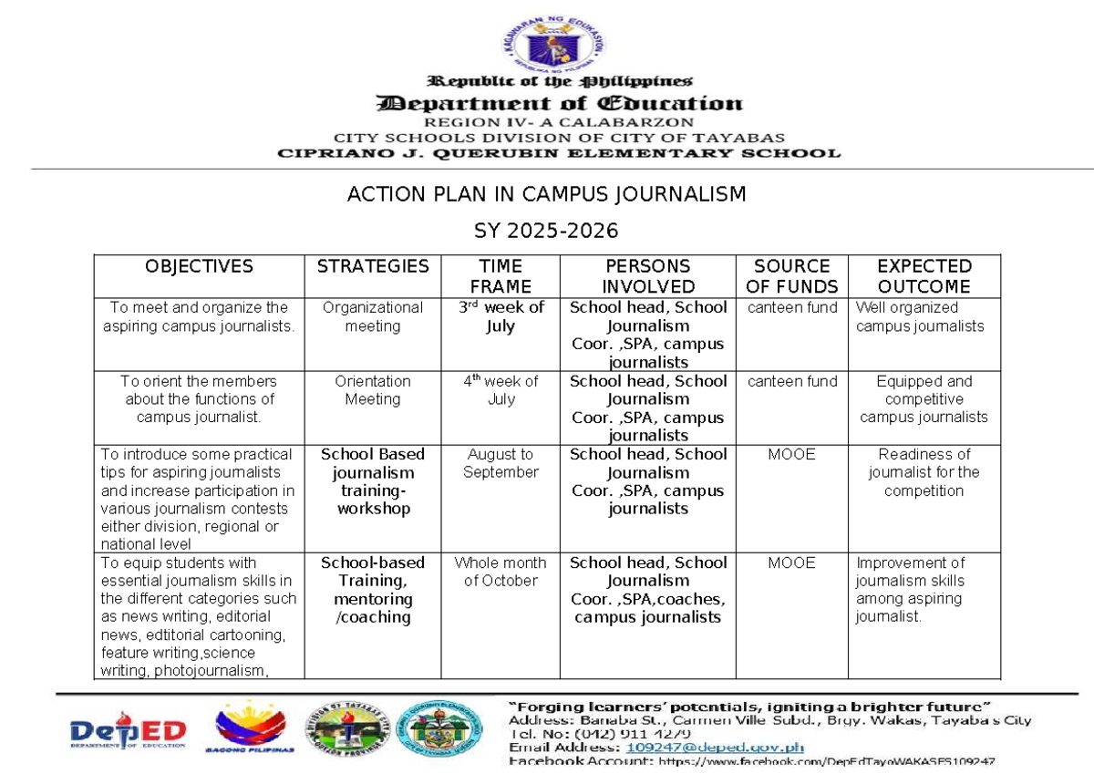 Action Plan for Campus Journalism SY: Objectives & Strategies - Studocu