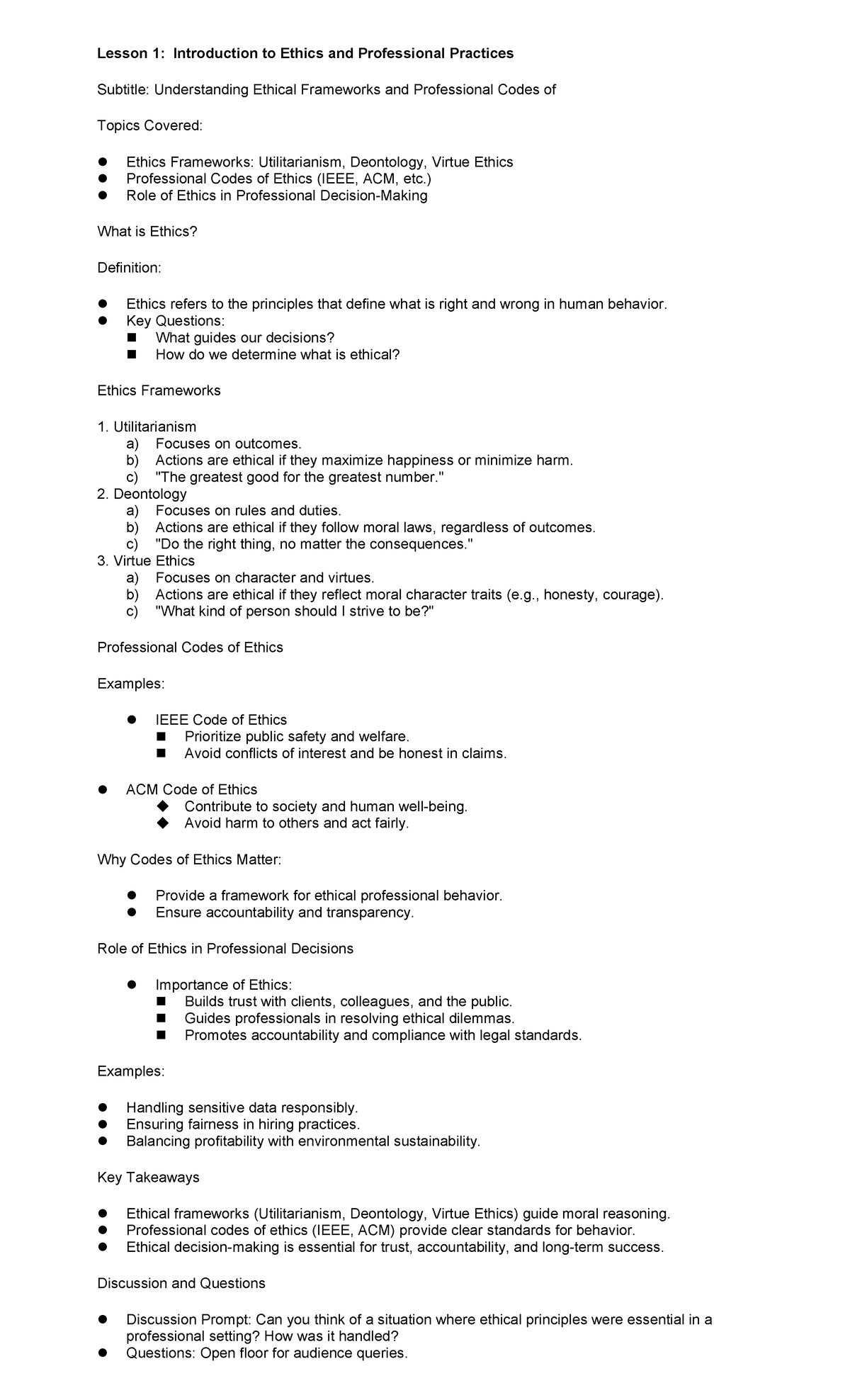 Lesson 1: Intro to Ethics & Professional Practices (Ethics Frameworks ...
