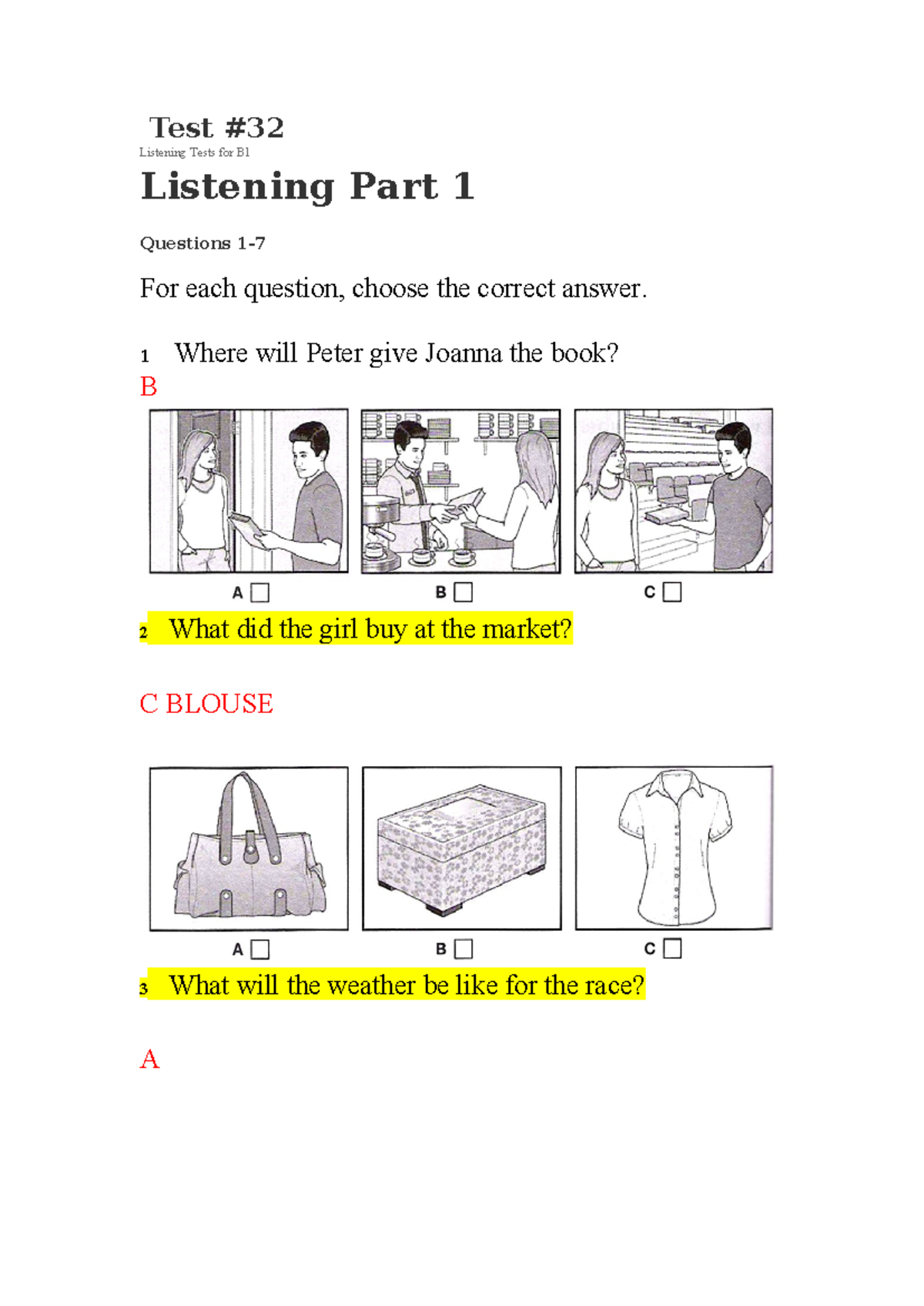 B1 Listening Test: Part 1 & 3 Questions and Answers Guide - Studocu