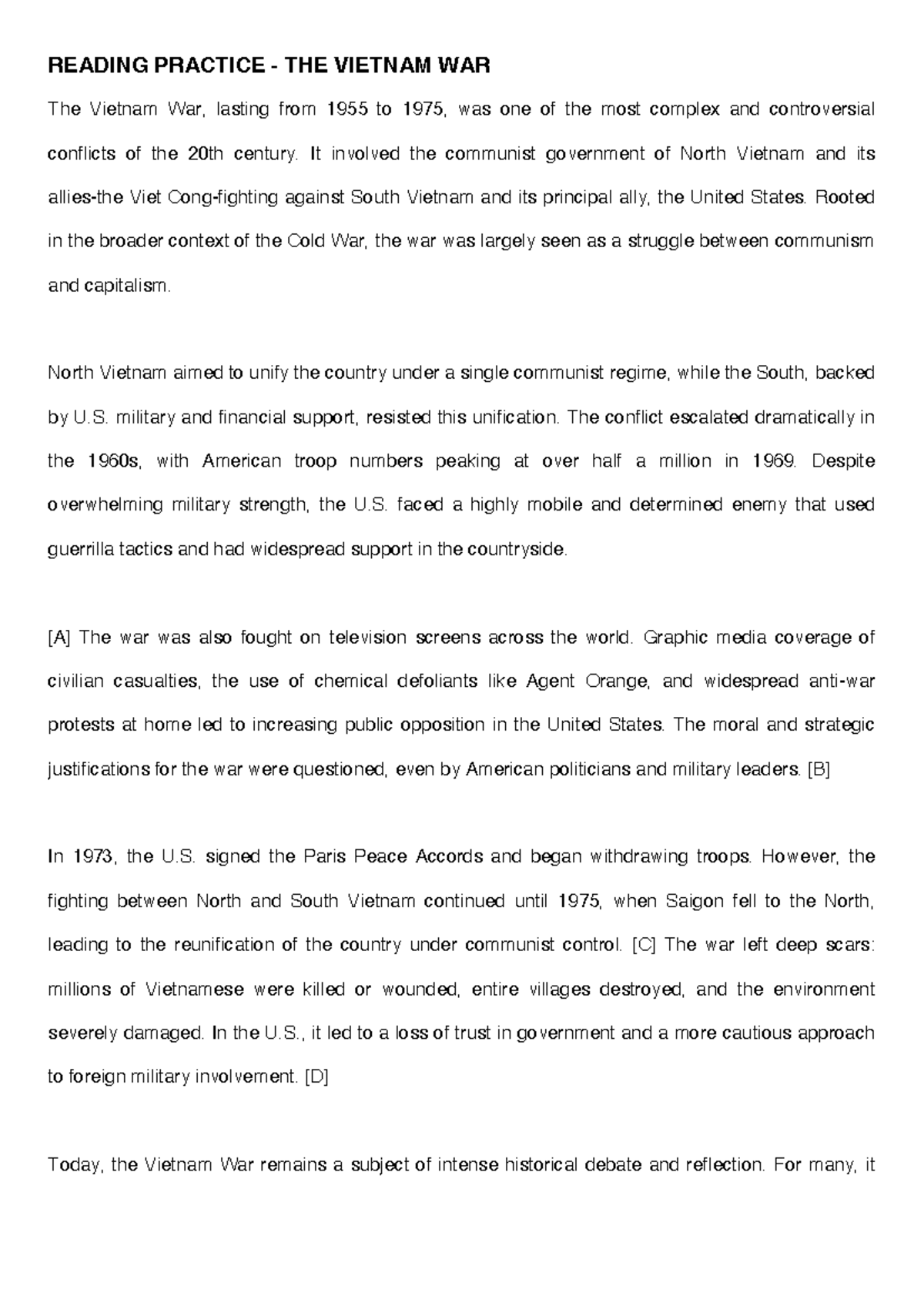 Vietnam War Reading Practice: Key Facts & Questions (ENGG) - Studocu