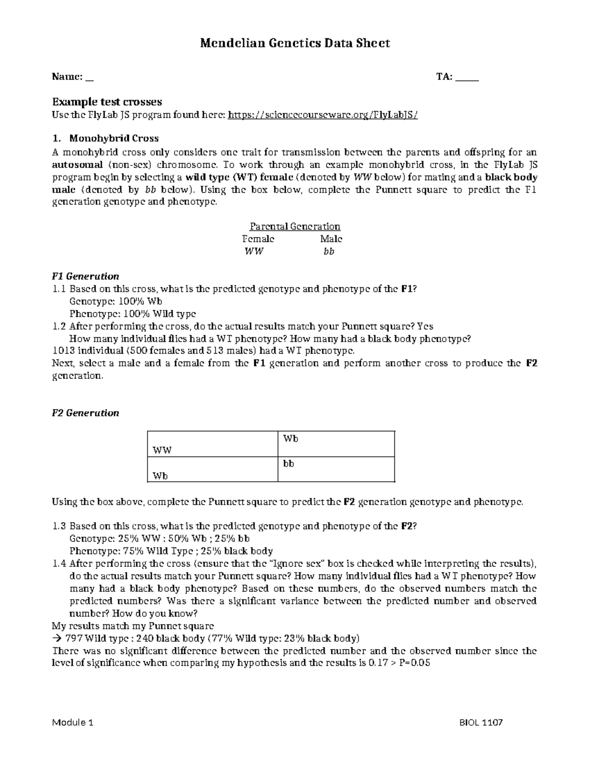 Mod1 Genetics Data Sheet: Monohybrid and Dihybrid Crosses Exam - Studocu