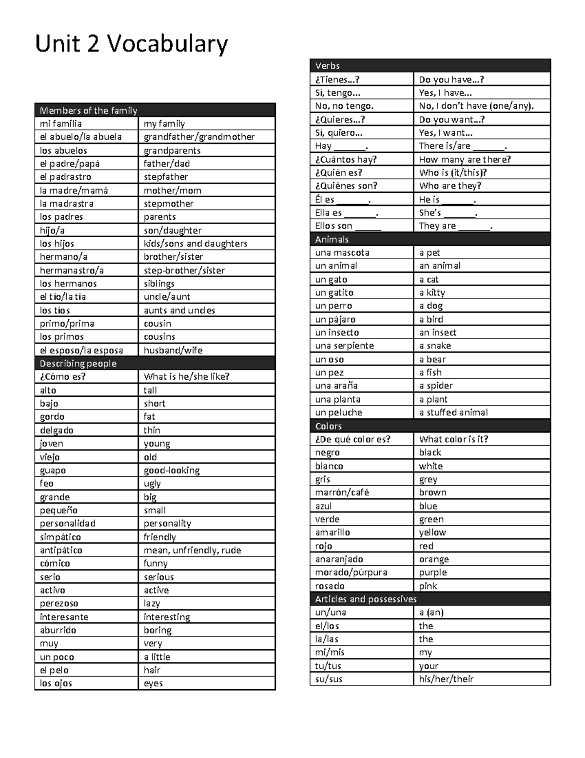 Spanish Vocabulary and Grammar: Family, Descriptions, and Verbs (Unit 2 ...