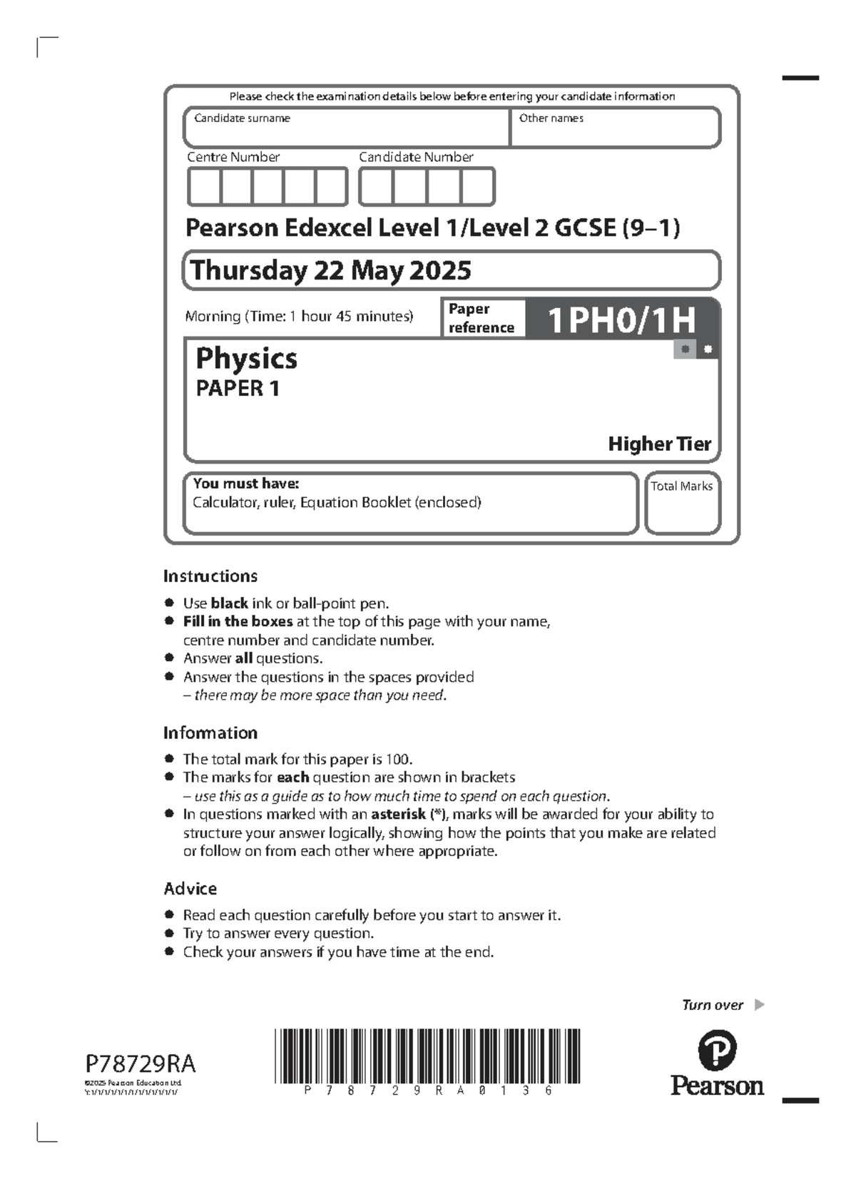 1PH0 1H Physics Paper 1 Exam Details - May 22, 2025 - Studocu