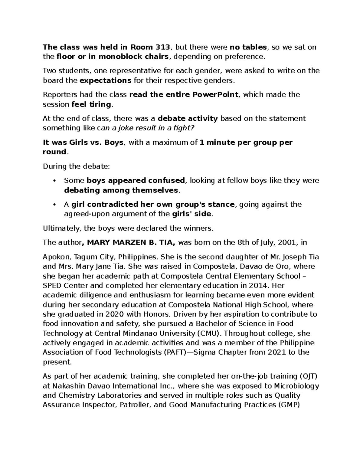 Classroom Experience Report: Room 313 Debate Activity Insights - Studocu