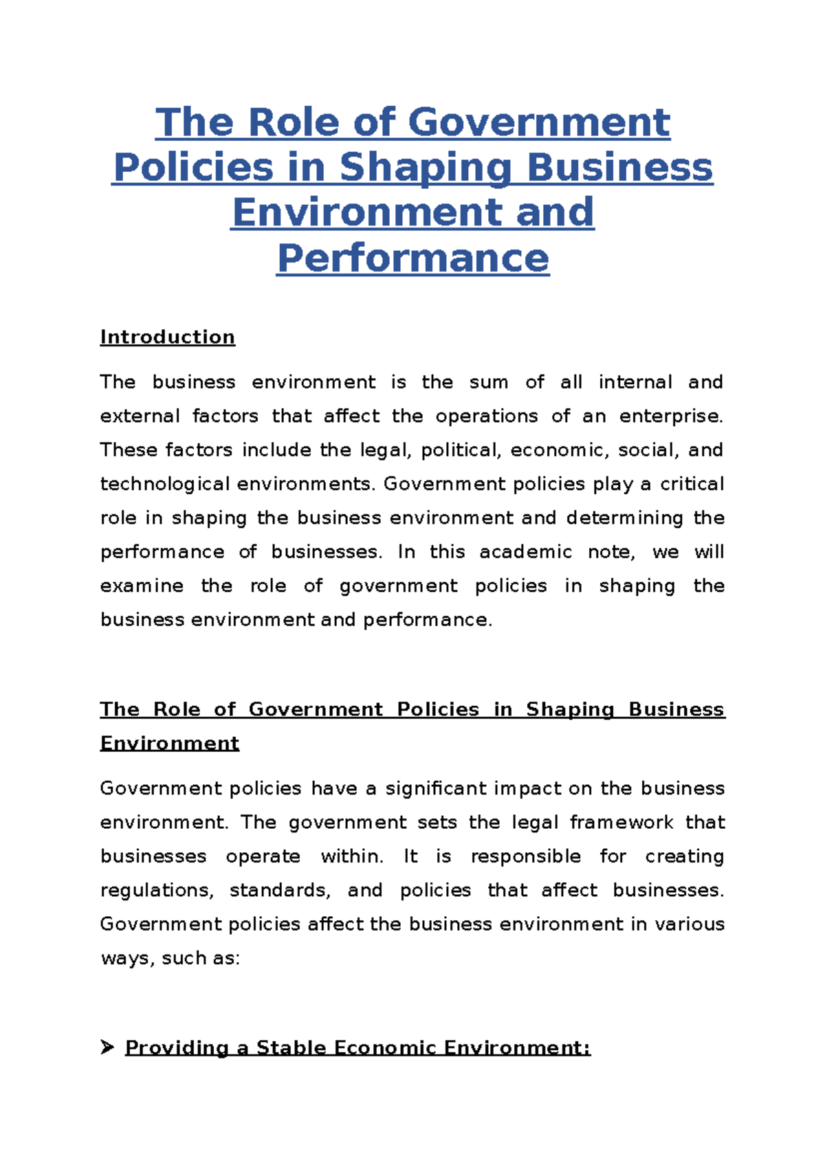 The Impact of Gov Policies on Biz Environment & Performance Analysis ...