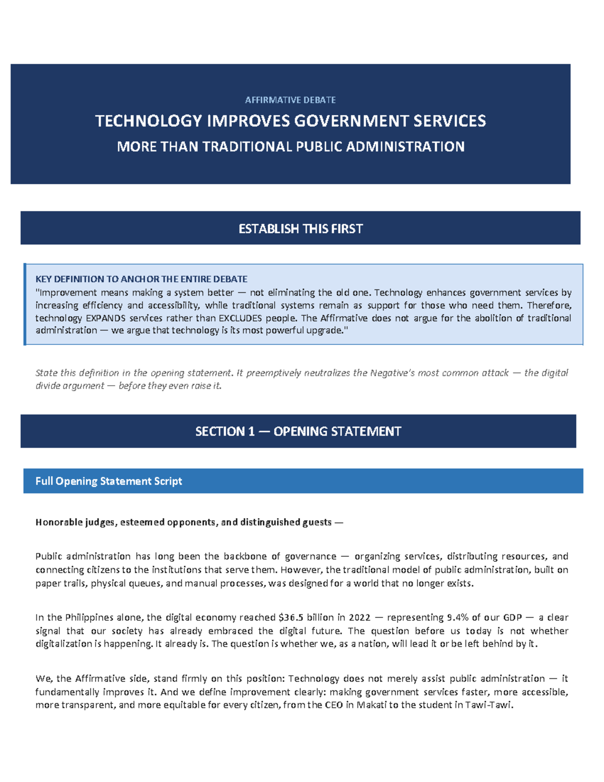 AFFIRMATIVE DEBATE: TECHNOLOGY ENHANCES GOV'T SERVICES OVER TRADITIONAL ...