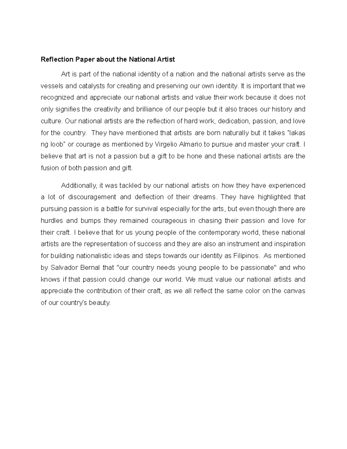Reflection Paper - Importance of National Artists in Filipino Identity ...