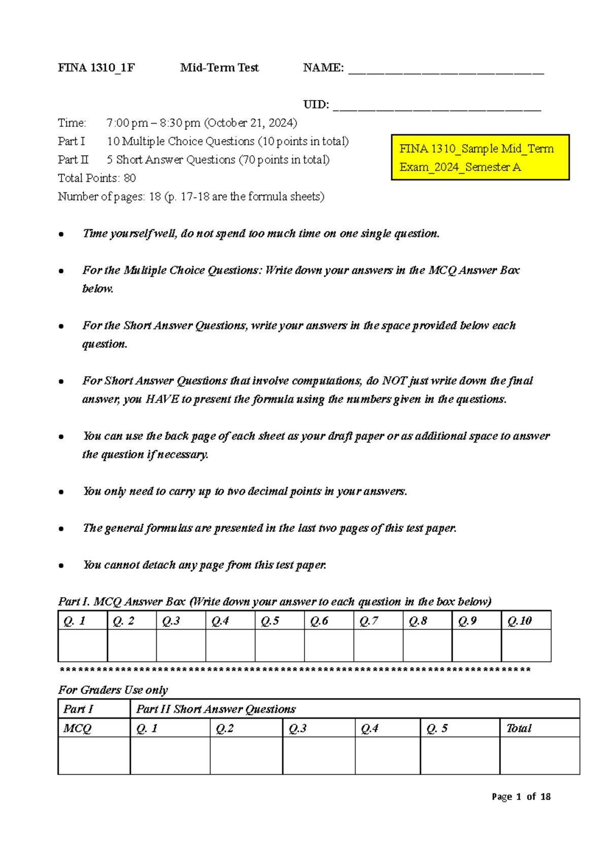 FINA 1310 Sample Midterm Exam 2024A - Question Paper - Studocu