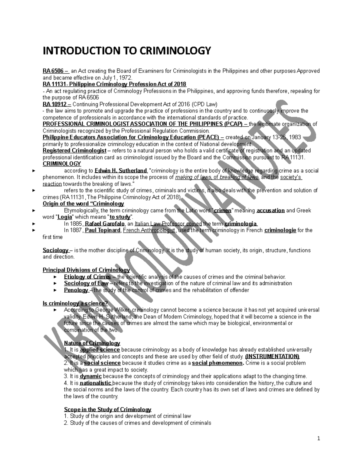 Introduction to Criminology: Key Concepts and Theories (RA 6506) - Studocu