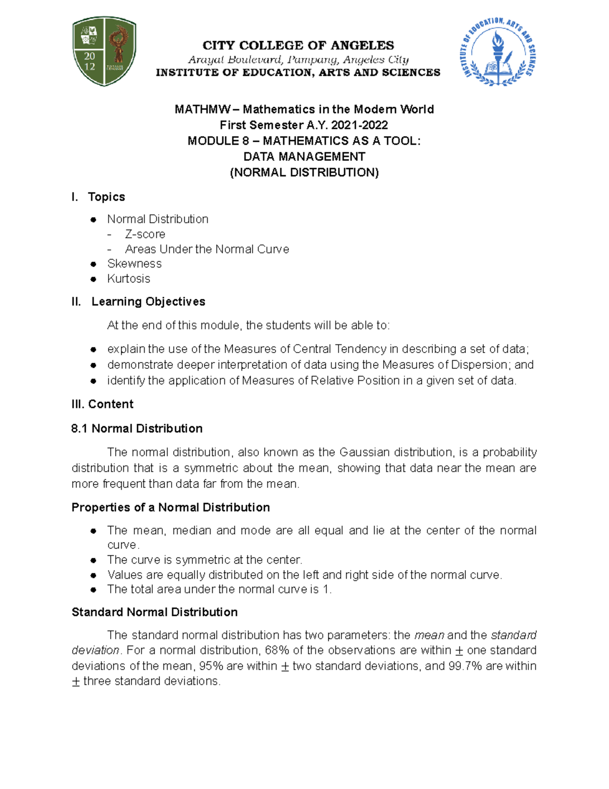 MATHMW - Module 8: Understanding Data Management & Normal Distribution ...