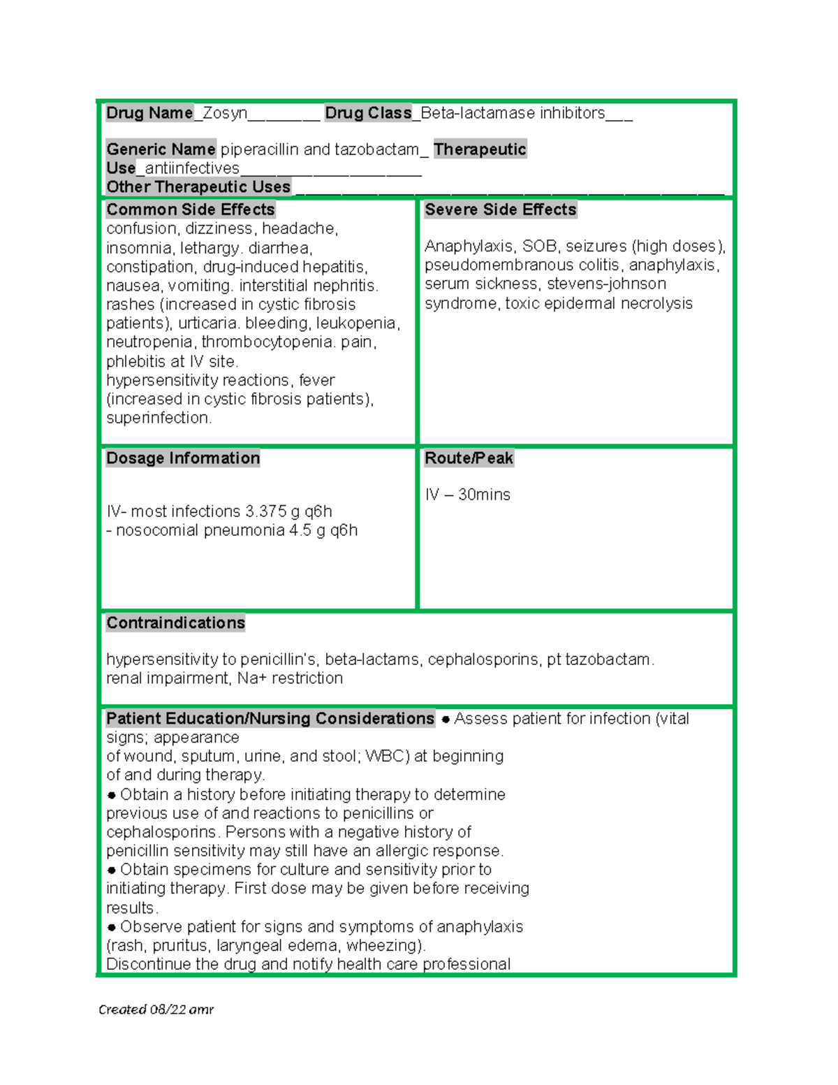 Zosyn (Piperacillin/Tazobactam) Med Sheet - Key Info & Side Effects ...