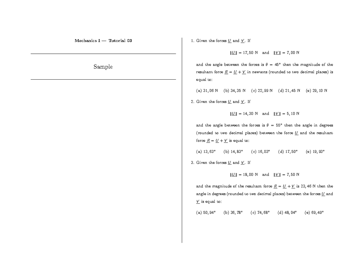 Mechanics I Tutorial 03: Resultant Forces and Angles Analysis - Studocu