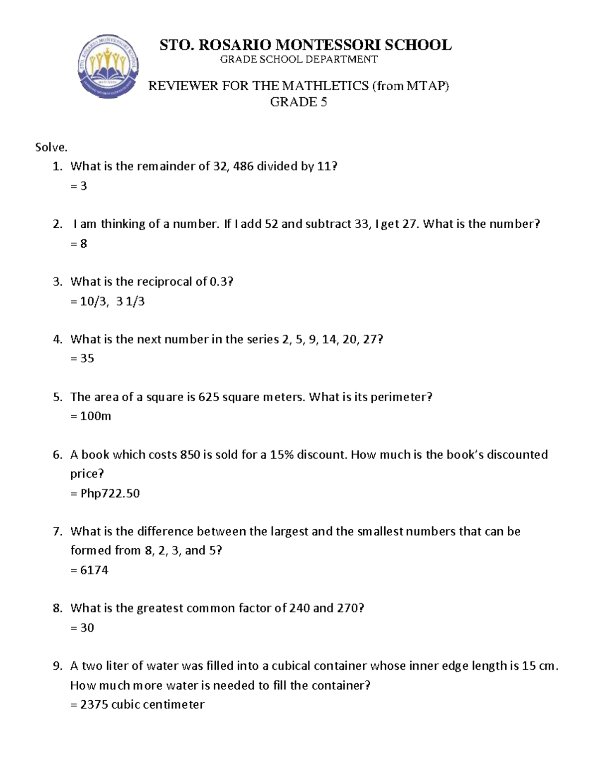 Grade 5 Mathletics Reviewer for MTAP Exam Preparation - Studocu