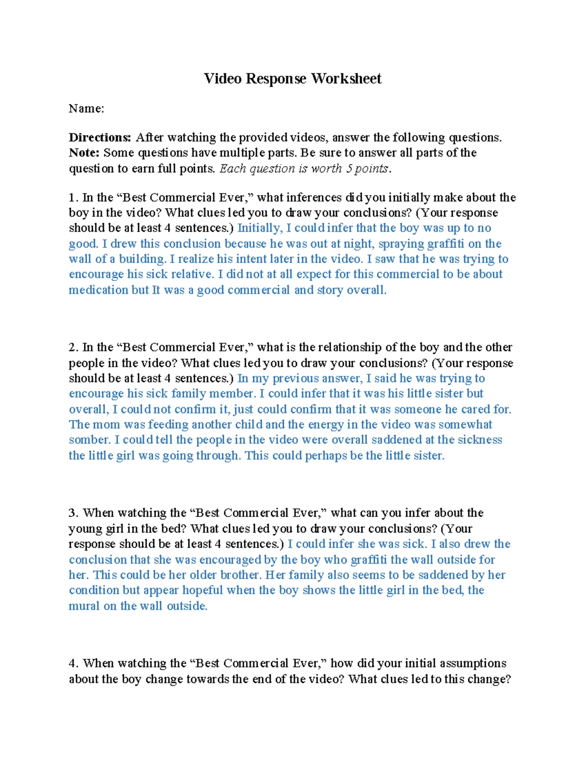 Worksheet 5 english - Video Response Worksheet Name: Gabriella Boyles ...