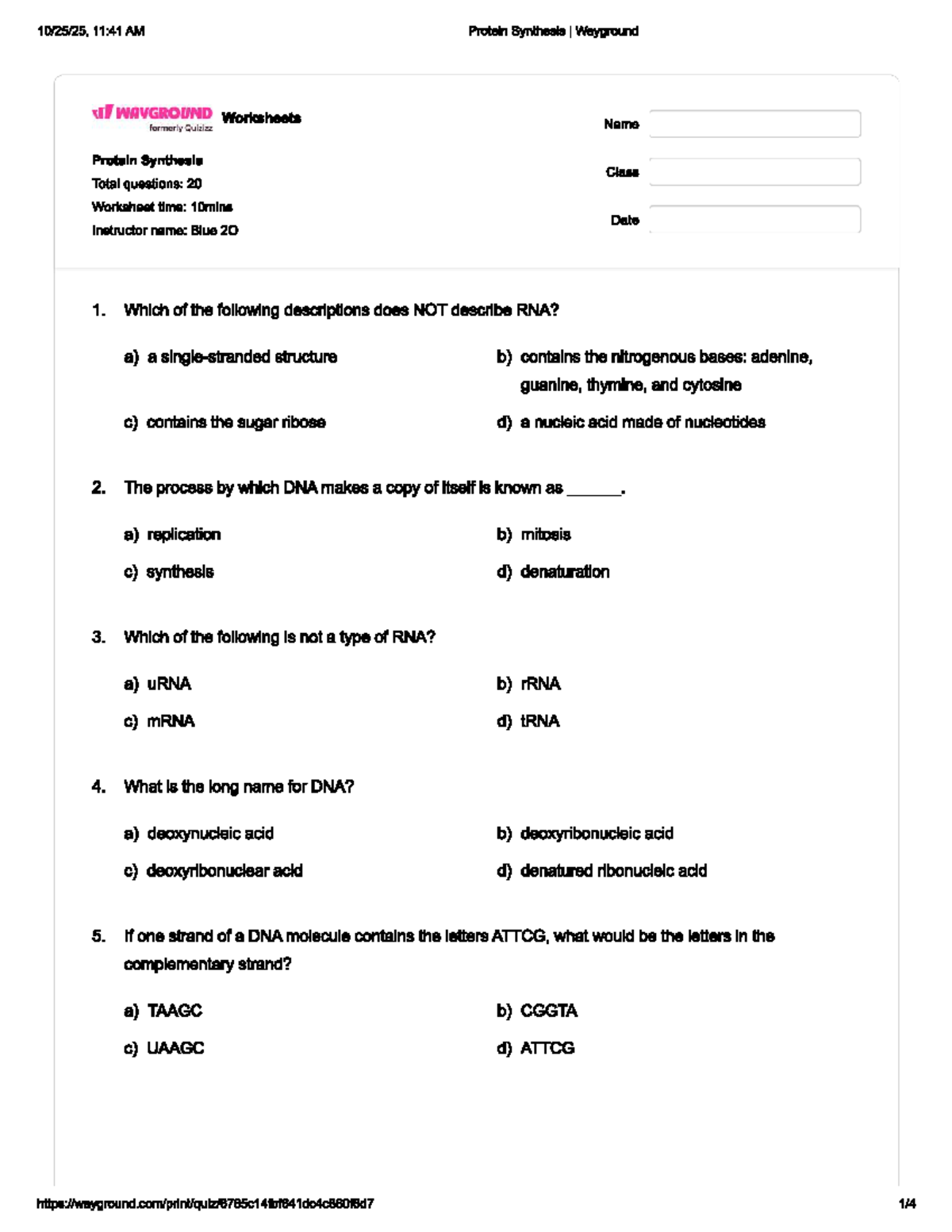 Protein Synthesis Worksheet (WAYGROUND) - Quiz Review - Studocu