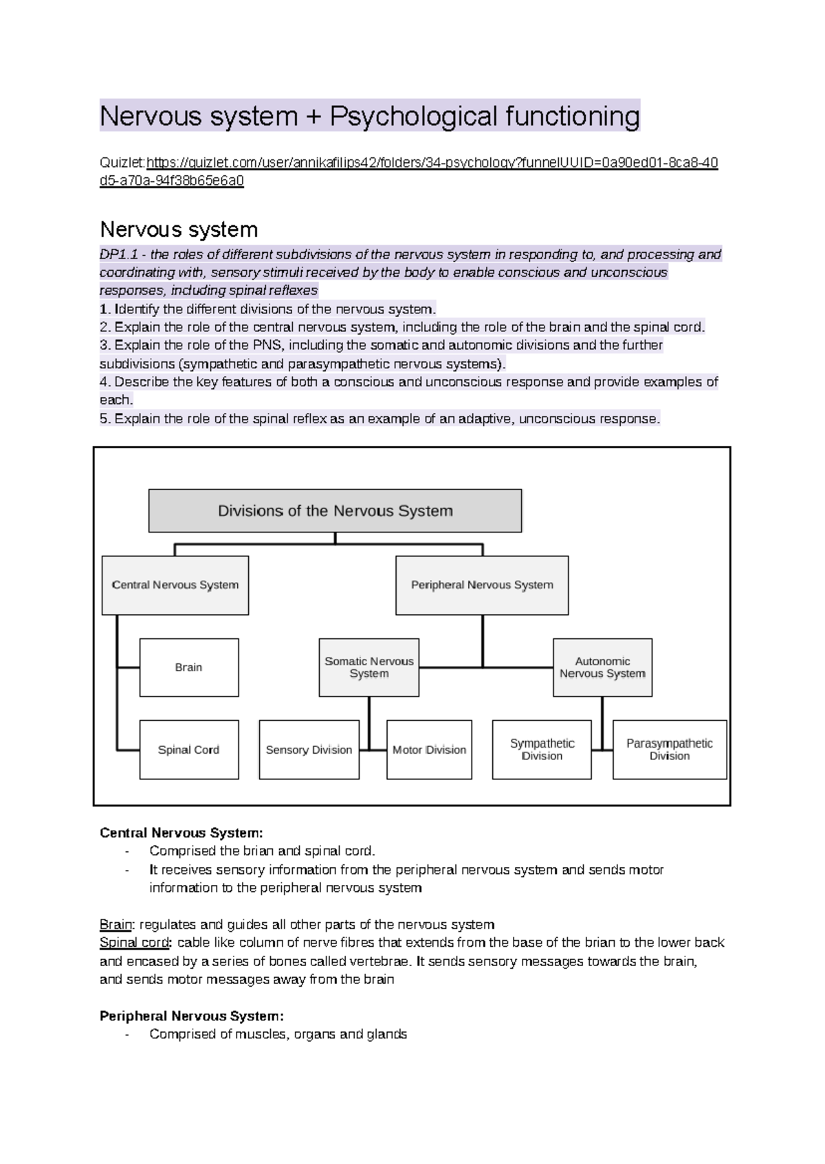 Psych AOS1 - Comprehensive Study Notes on Nervous System and Stress ...