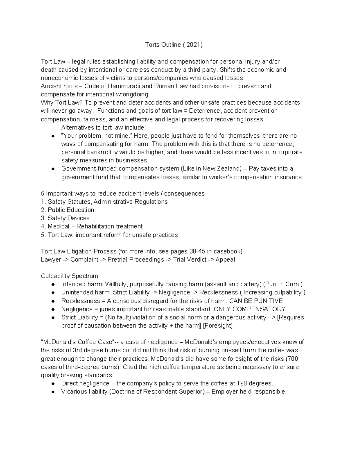 Torts Law Overview: Key Concepts and Legal Principles (2021) - Studocu