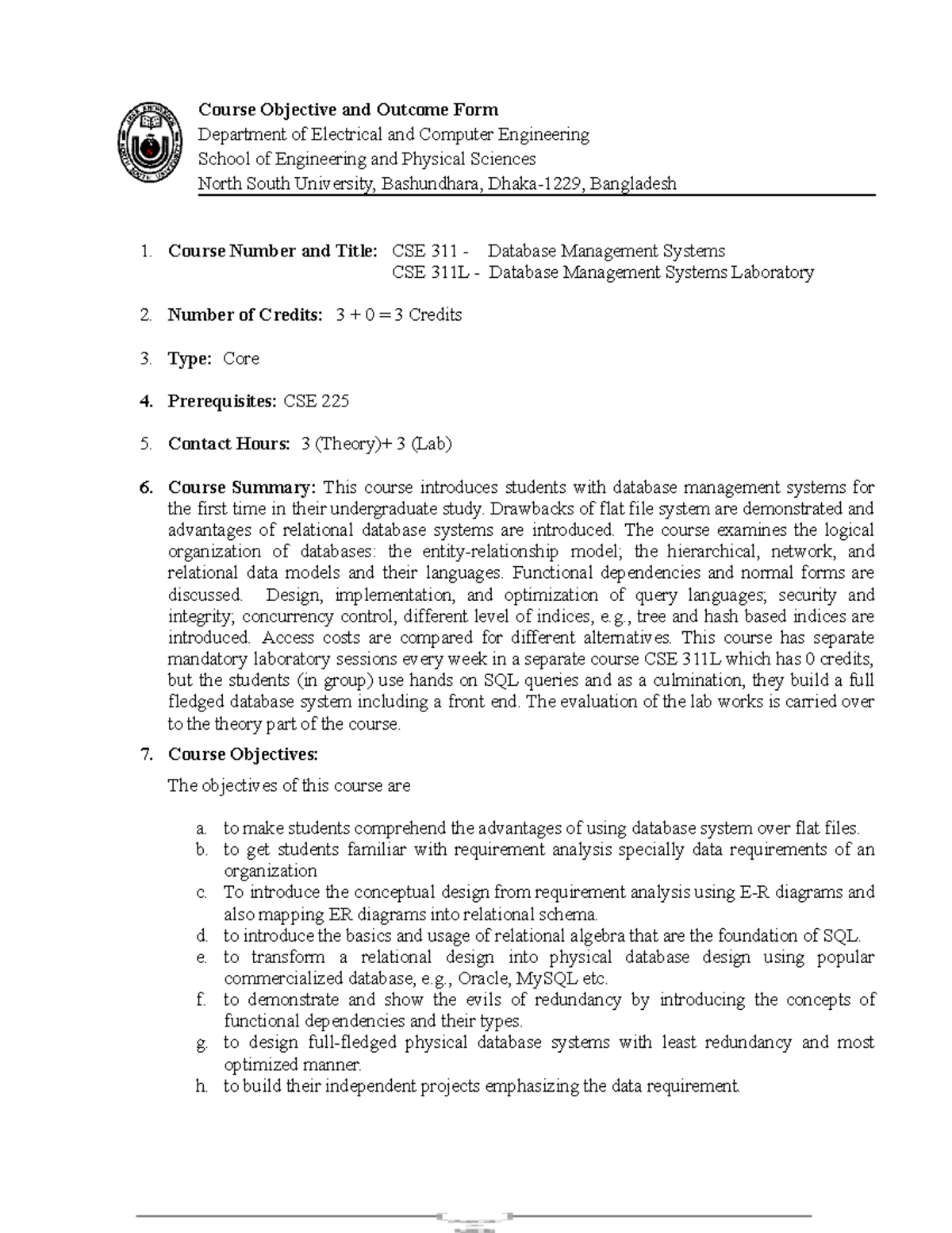 CSE311 Course Objectives and Outcomes for Database Systems - Studocu