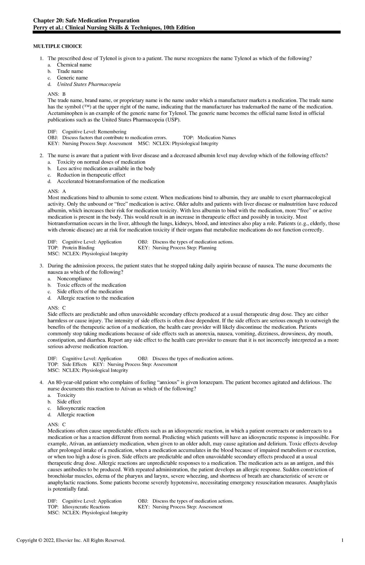 NUR 320 - Medication Administration and Safety - Quiz - Chapter 20 ...