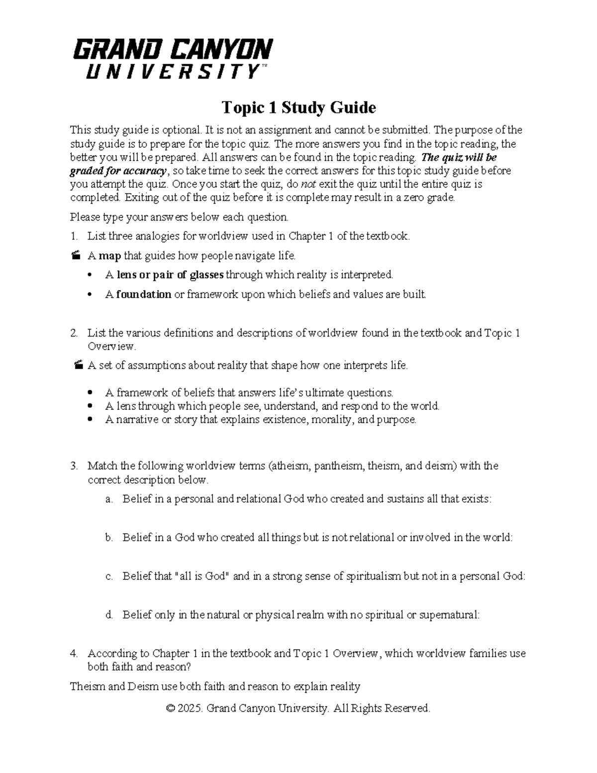 Topic 1 Study Guide: Preparing for the Worldview Quiz - Studocu