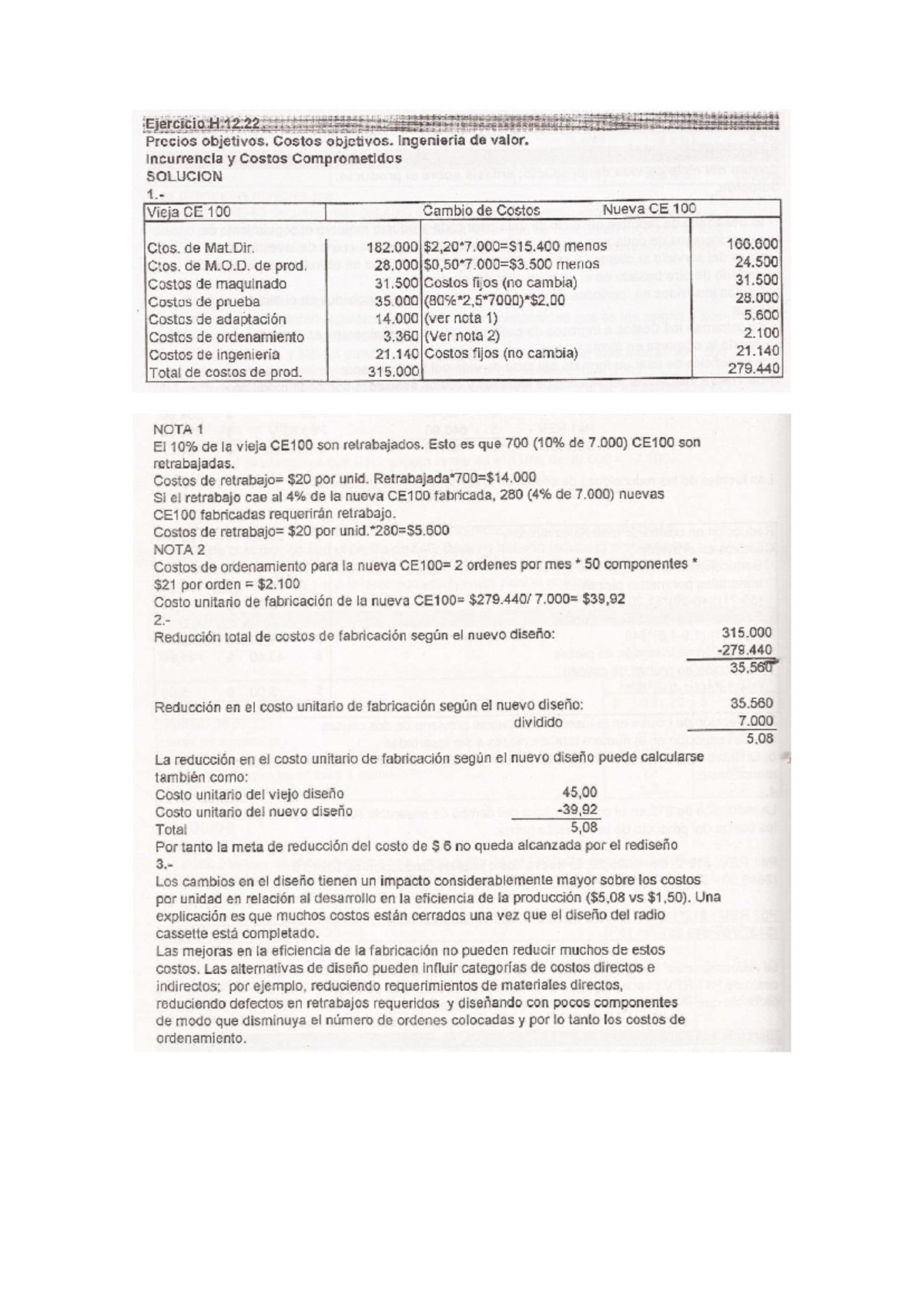 Ejercicio H 12.22: Análisis de Costos Objetivos y Reducción CE 100 ...