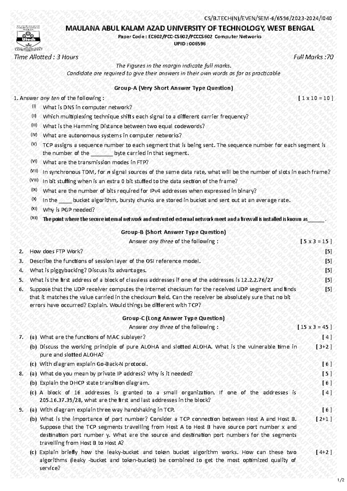 Computer Networks Midterm Exam - MAKAUT Paper Code: 006596 - Studocu