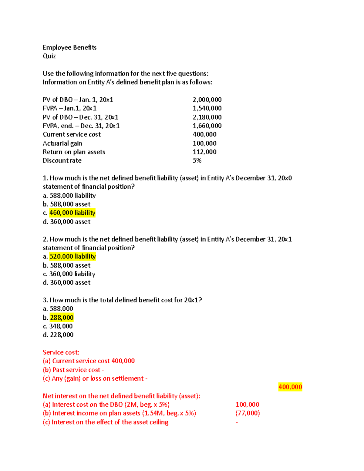 Employee Benefits Quiz Answer Key: Entity A's Defined Benefit Plan ...